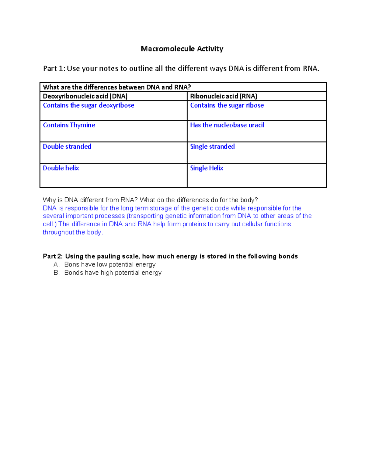 Copy of Macromolecule Activity - Macromolecule Activity Part 1: Use ...