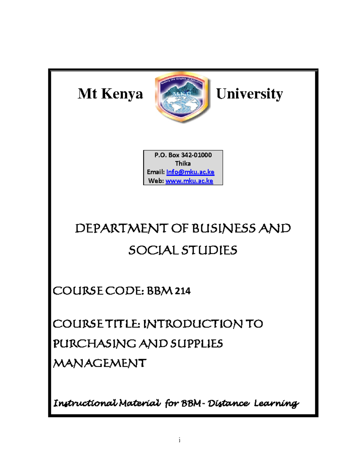 Purchasing AND Supplies - P. Box 342 ‐ 01000 Thika Email: Info@mku.ac ...