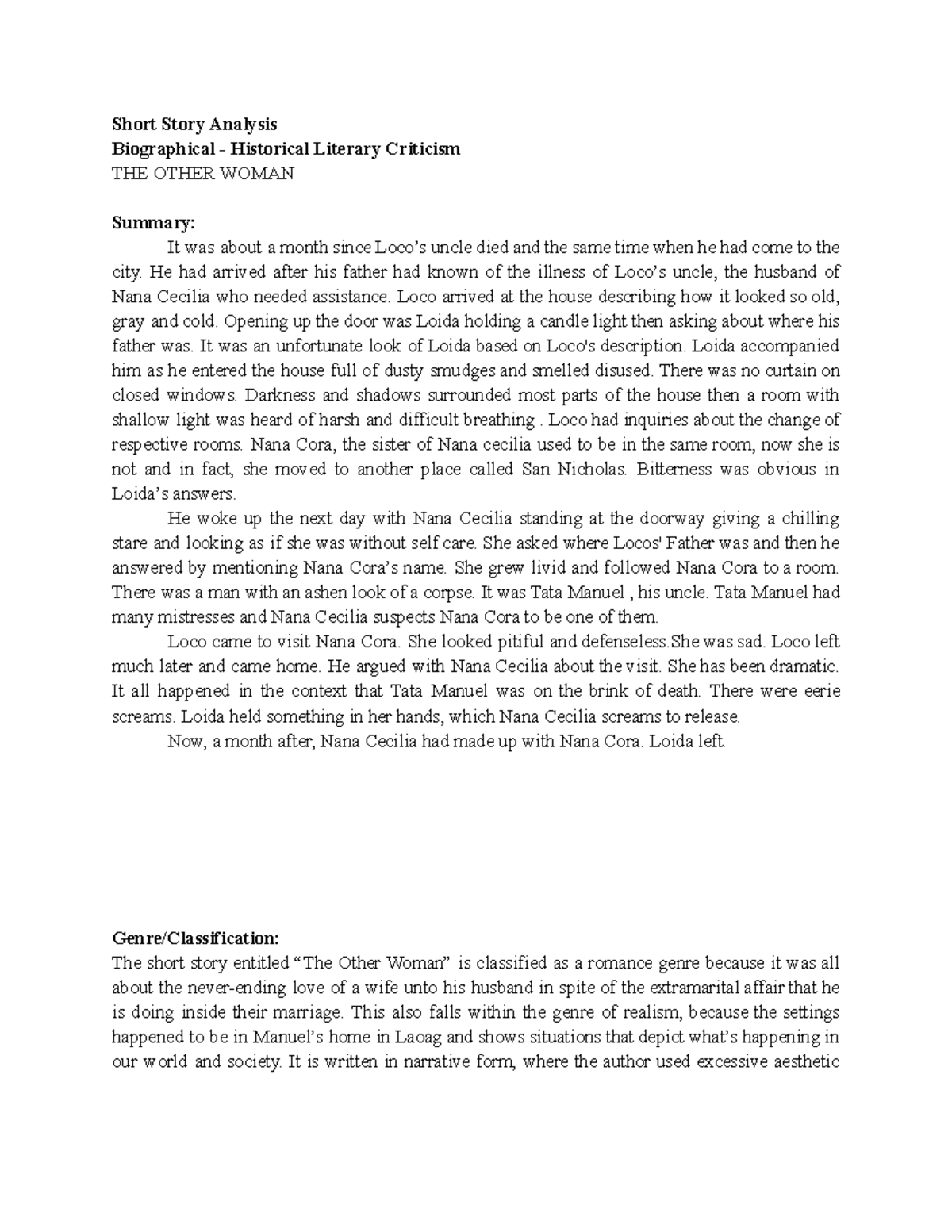 PHIL. LIT - The other woman, Summary - Short Story Analysis ...