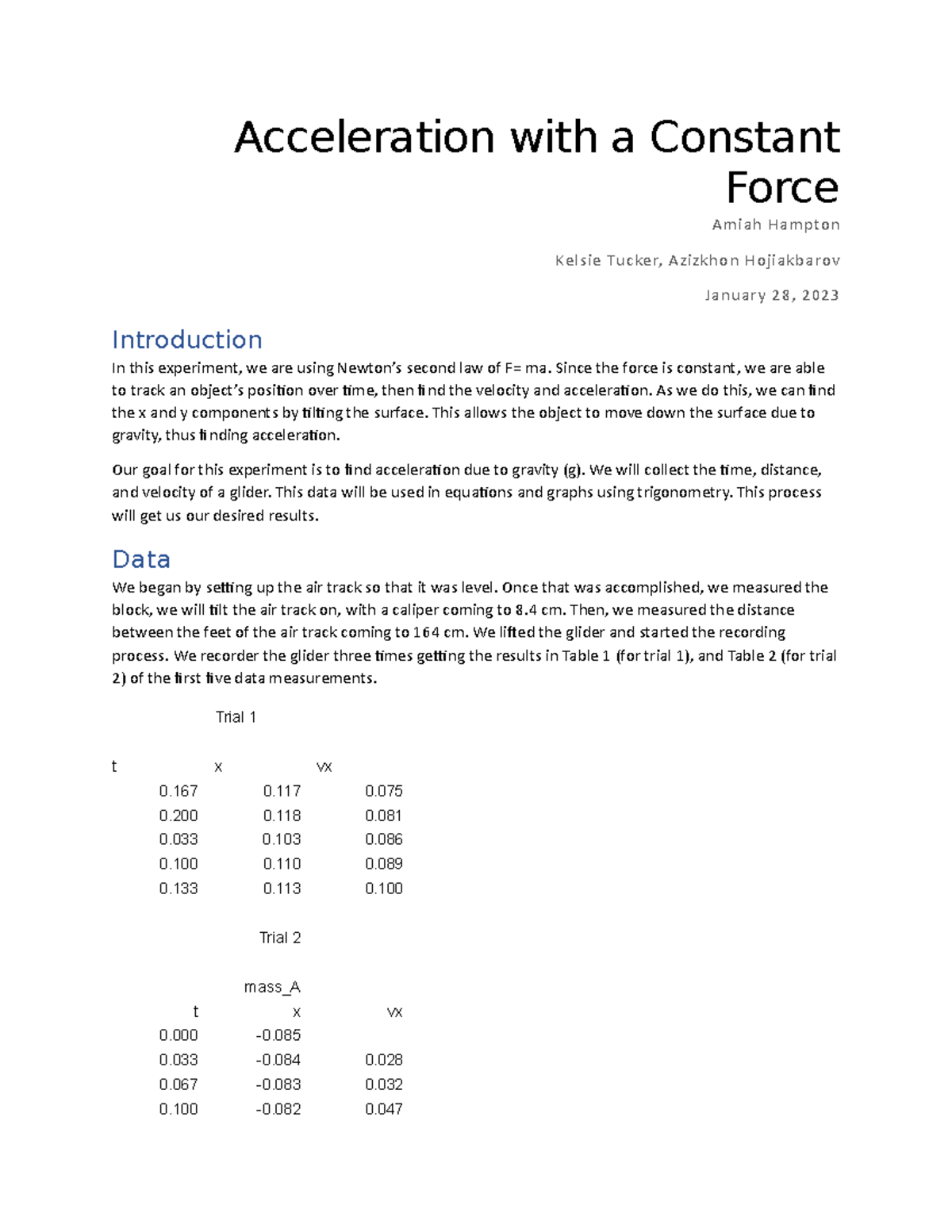 Acceleration with a Constant Force Lab Report - Acceleration with a ...