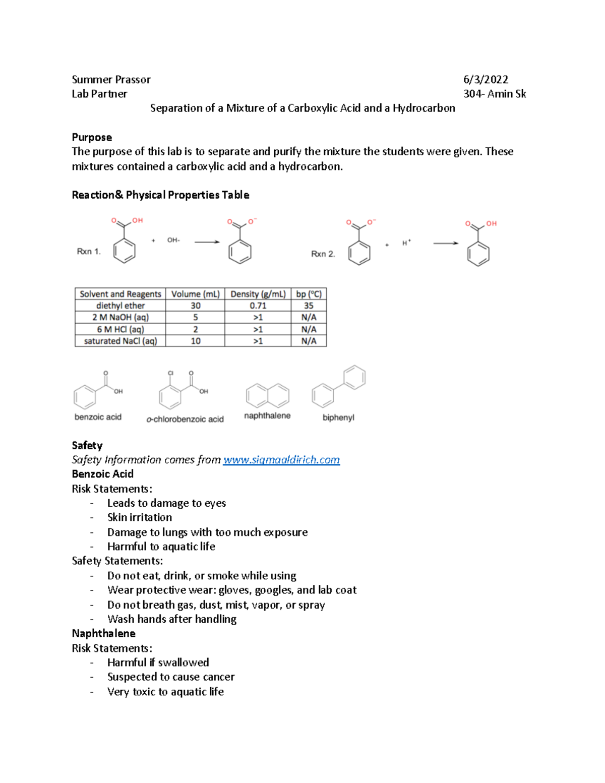 Organic Chem Lab Report # 2 - Summer Prassor 6/3/ Lab Partner 304- Amin ...