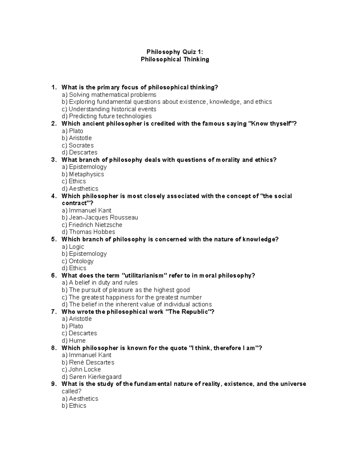 Philosophy Quiz in Philosophical Thinking - Philosophy Quiz 1 ...