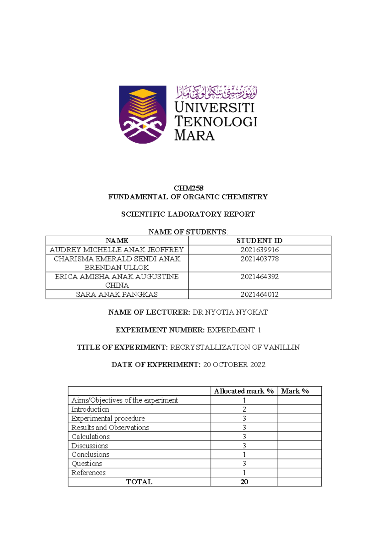 LAB Report CHM258 - CHM FUNDAMENTAL OF ORGANIC CHEMISTRY SCIENTIFIC ...