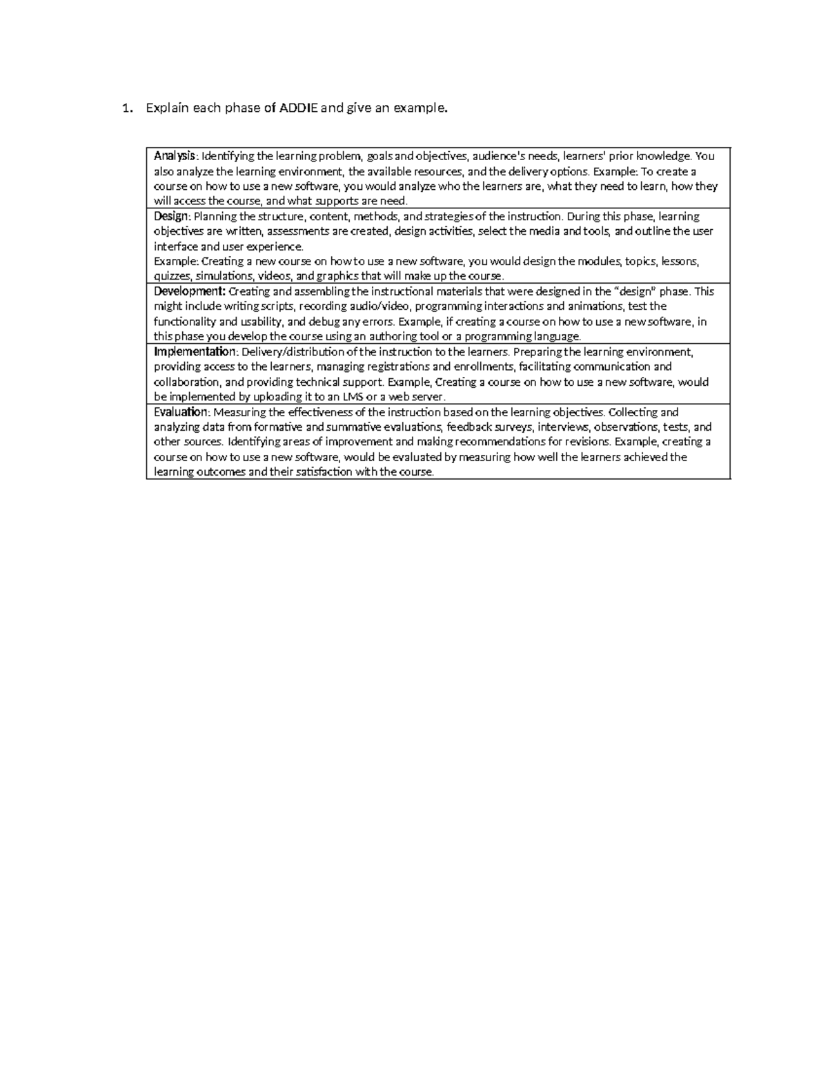 Explanation of each phase of Addie with examples - 1. Explain each ...