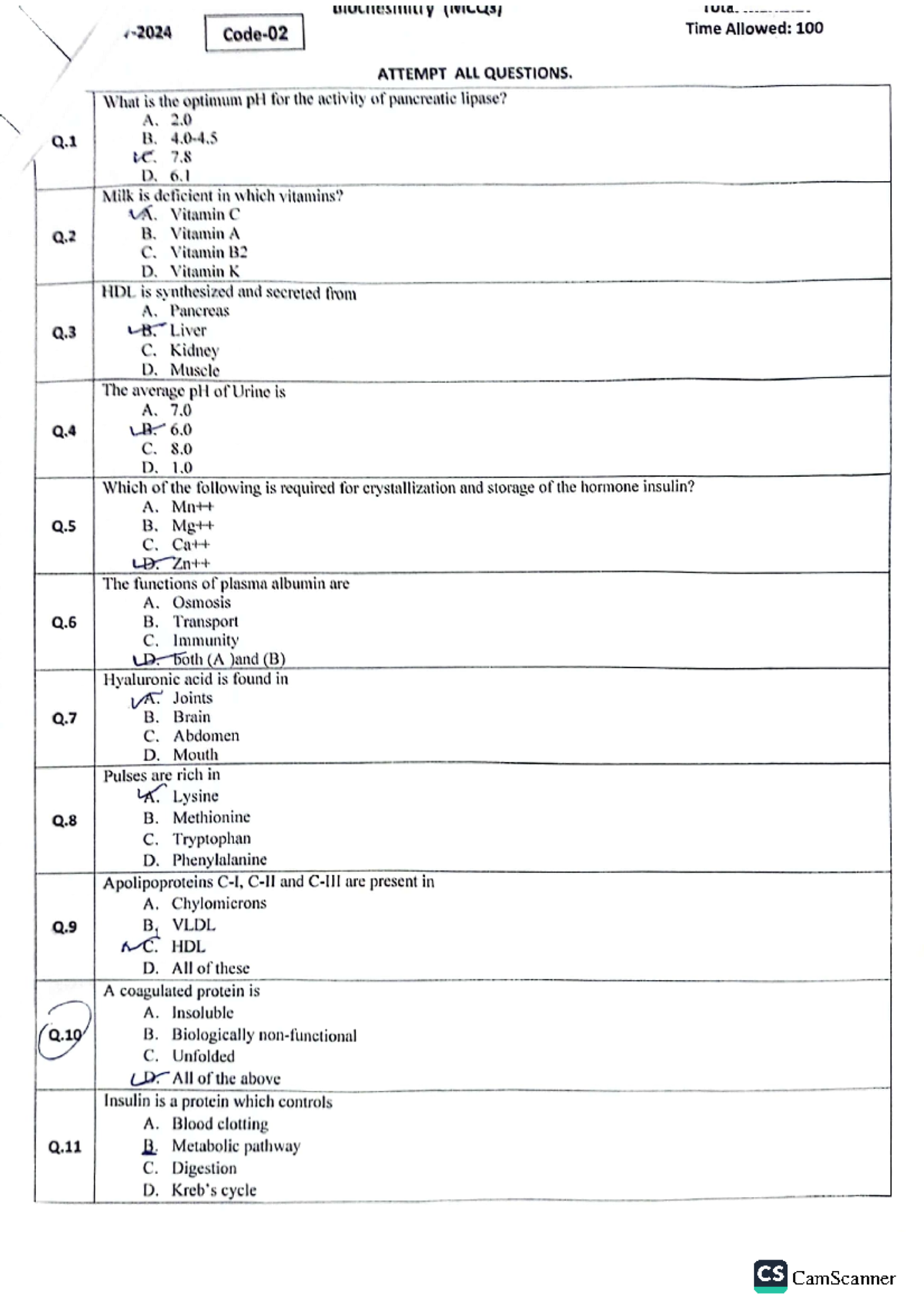 Biochemistry 2024 final 1st semester - Time Allowed: 100 ATTEMPT ALL QUESTIONS. What is the ...