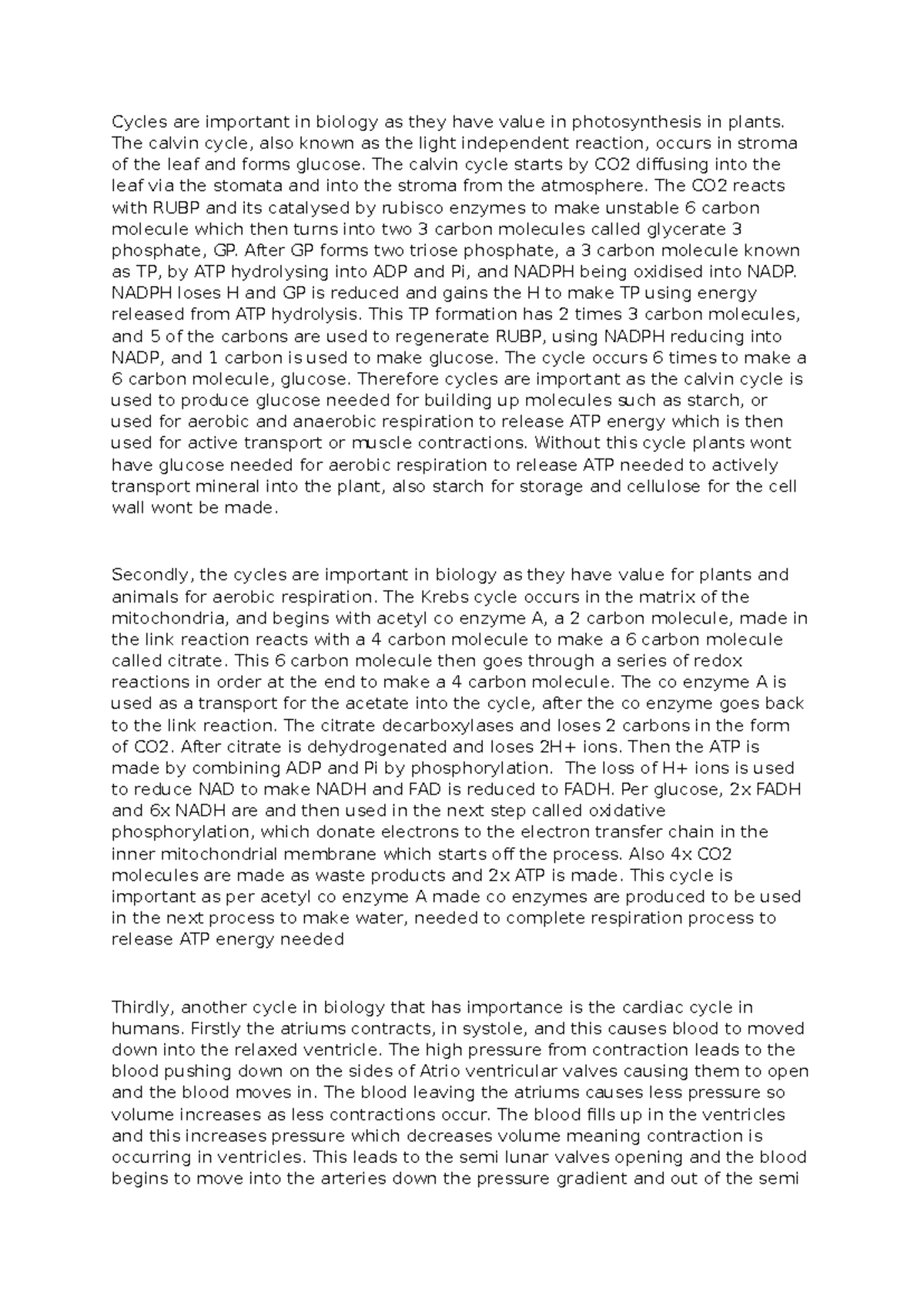 Importance of cycles - essay - Cycles are important in biology as they ...