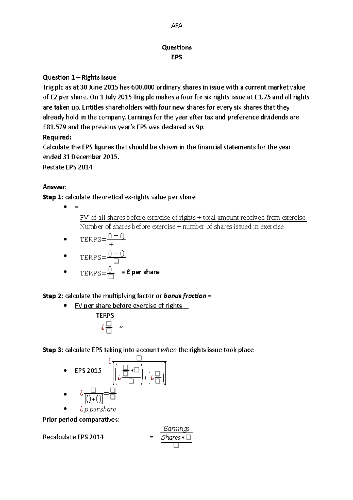 Questions EPS worksheet - Questions EPS Question 1 – Rights issue Trig ...