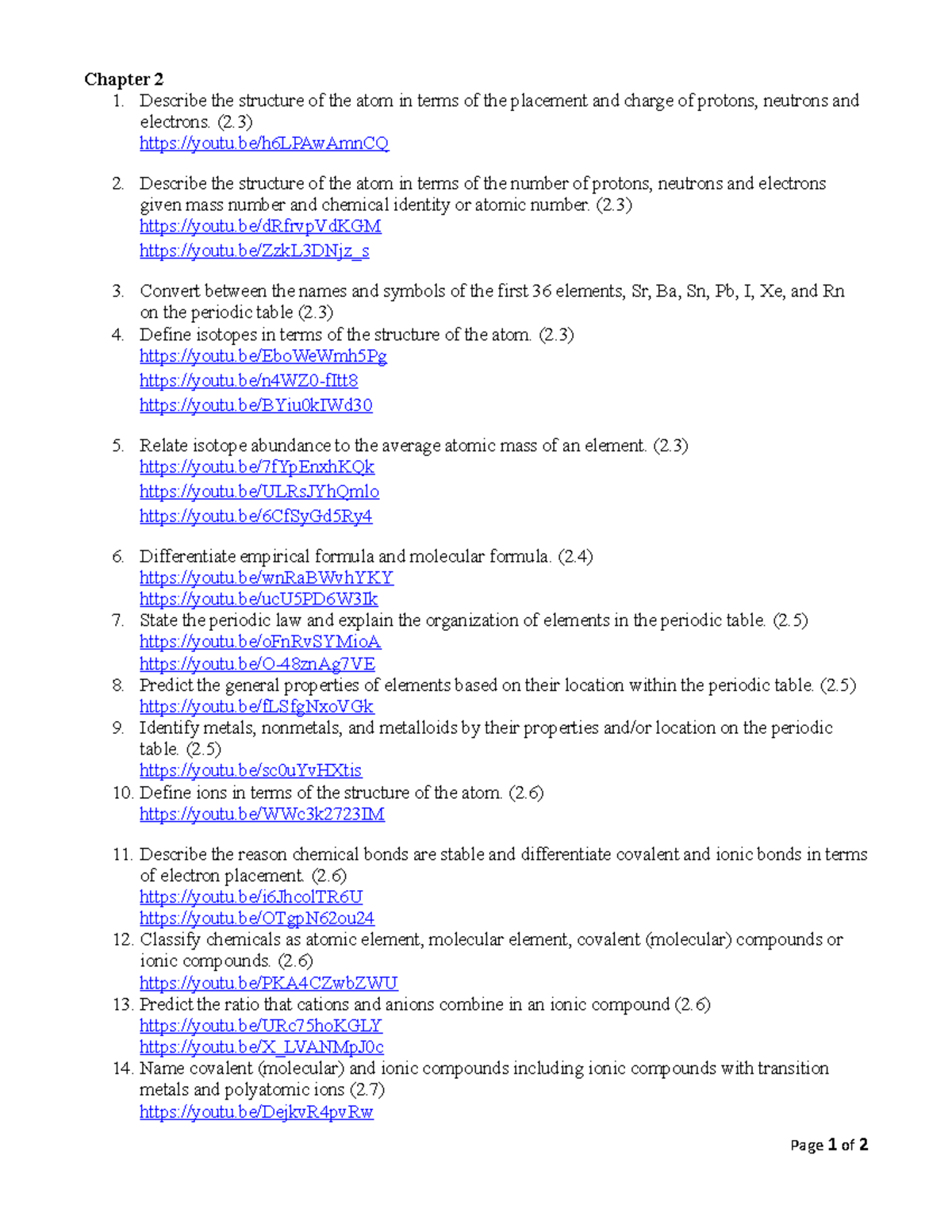 CHM 2045 Chapter 2 Tutorial Videos - Chapter 2 1. Describe the structure of the atom in terms of ...