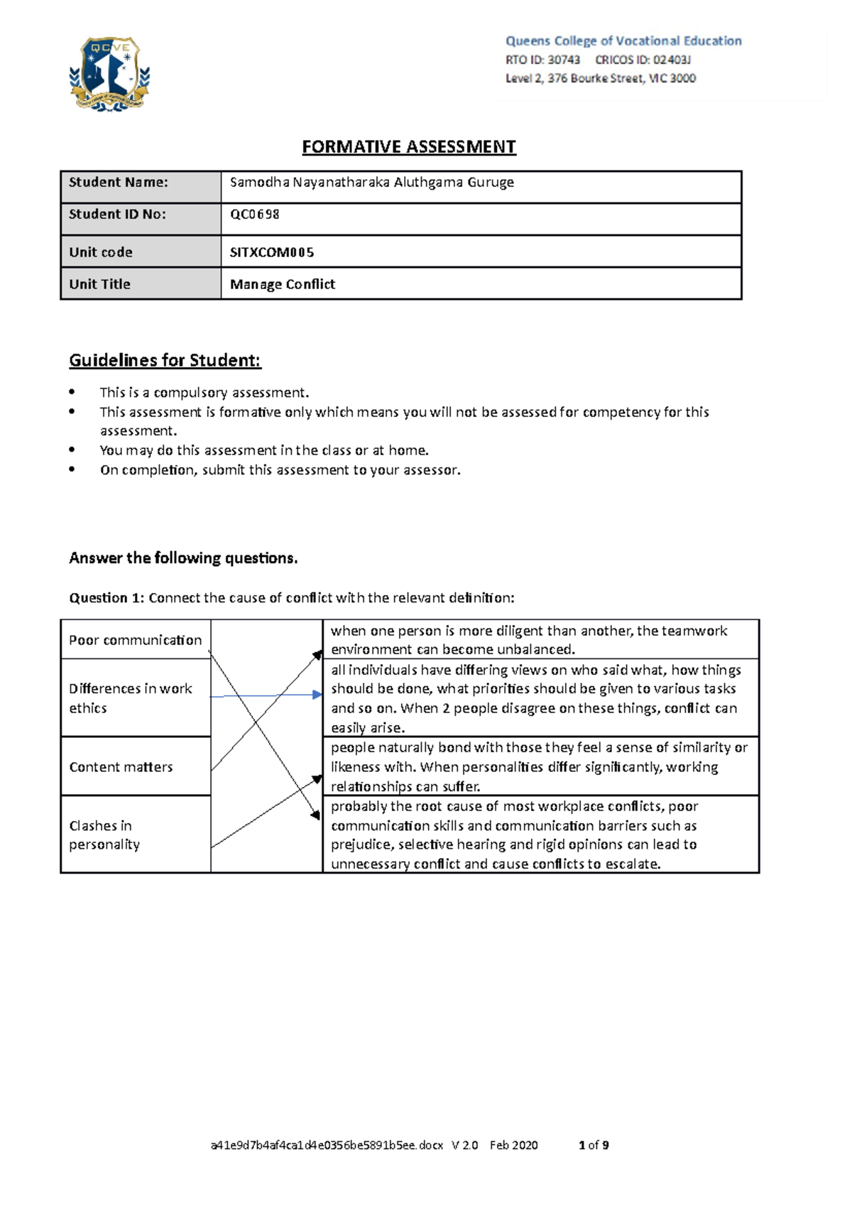 Formative Assessment Sitxcom 005 Manage conflict - FORMATIVE ASSESSMENT ...