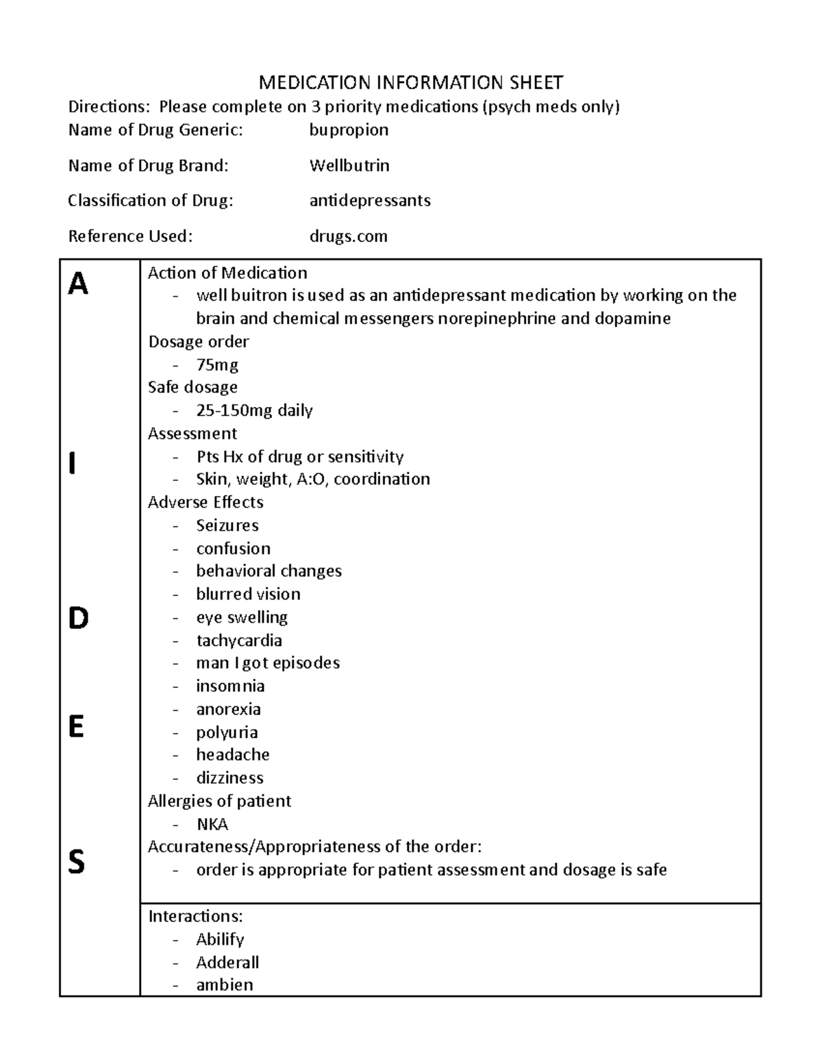 Psych MEDS 1 - MEDICATION INFORMATION SHEET Directions: Please complete ...