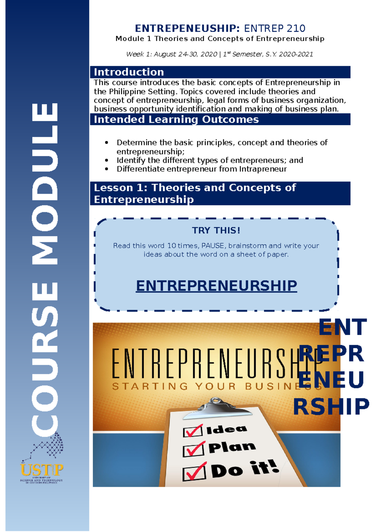 Module-1 entrep - ENTREPENEUSHIP: ENTREP 210 Module 1 Theories and ...