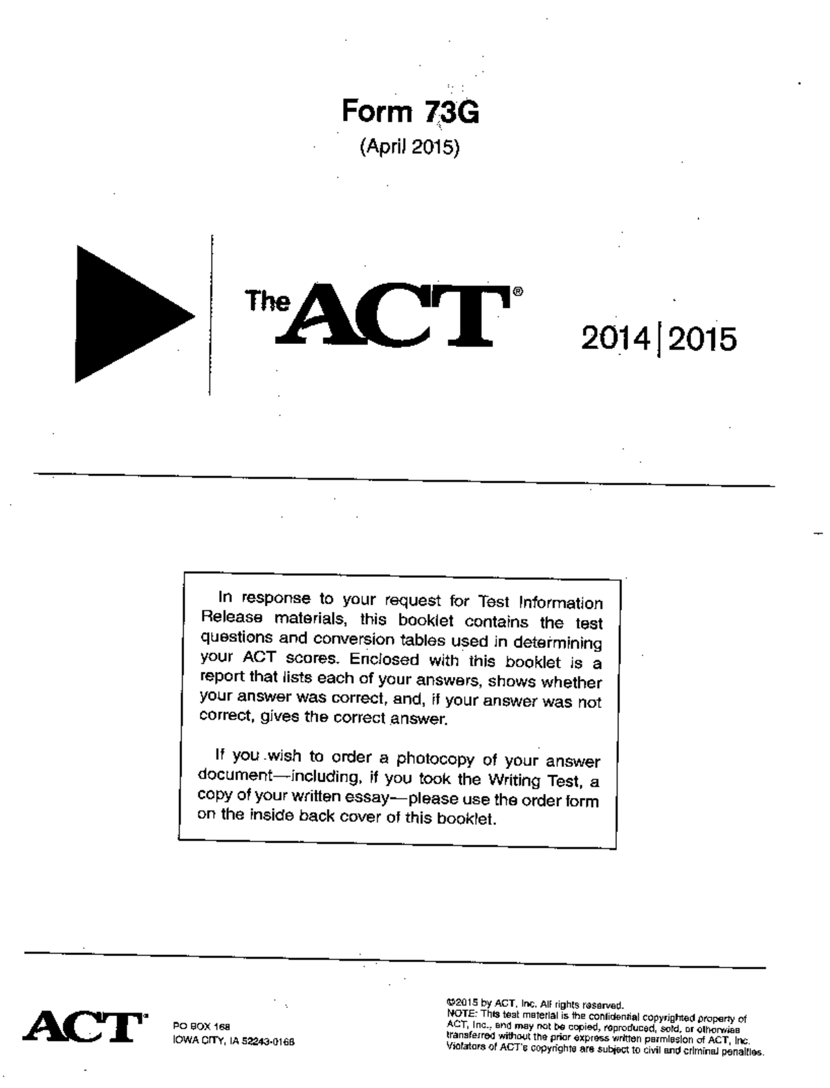 Act april 2015 73g1 - Practice ACT test- full exam - Studocu
