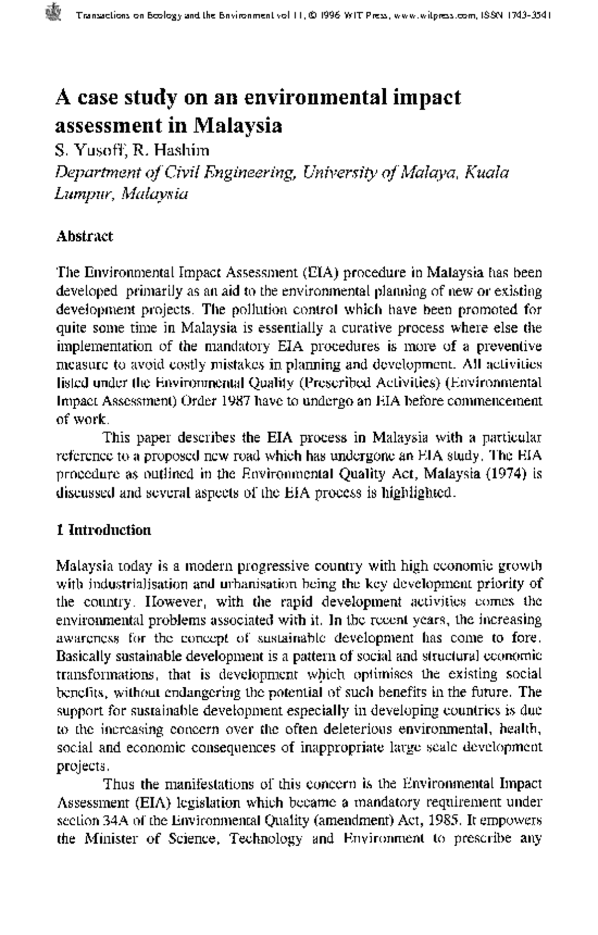 Eia in malaysia - A case study on an environmental impact assessment in ...