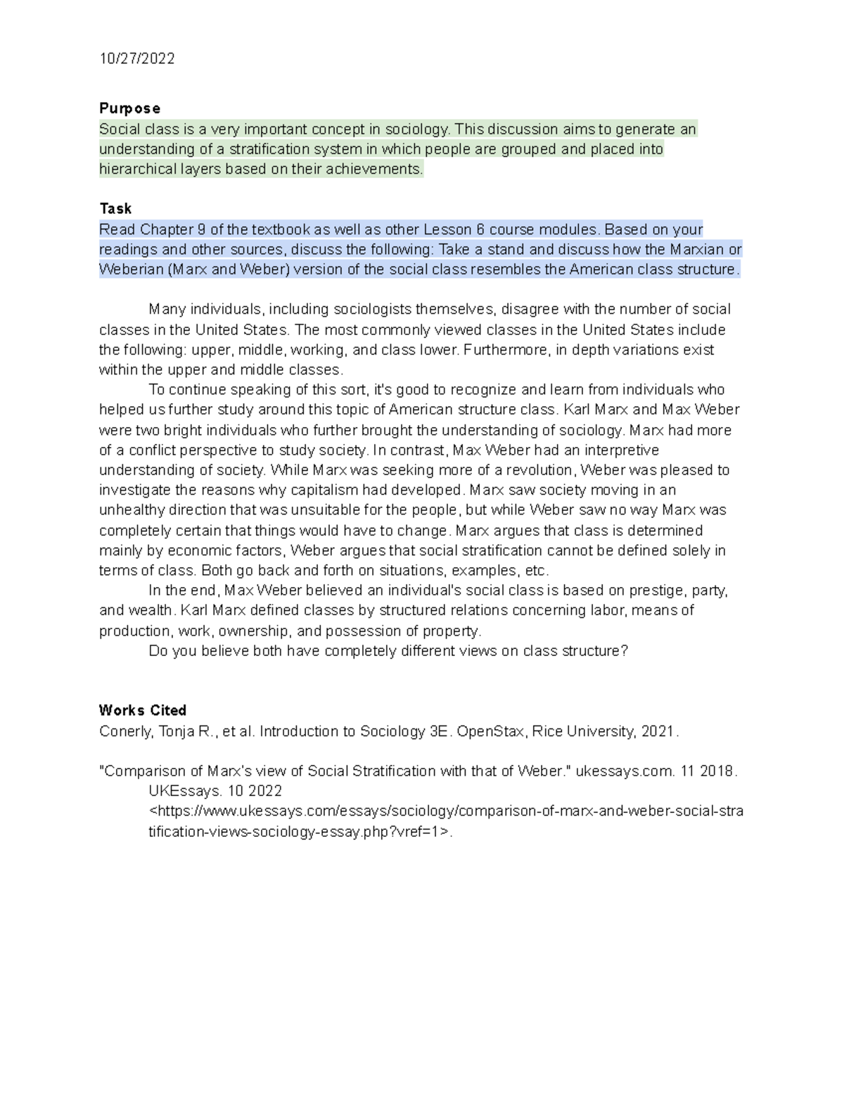 Intro sociology Lesson 6 Discussion Social class - 10/27/ Purpose ...