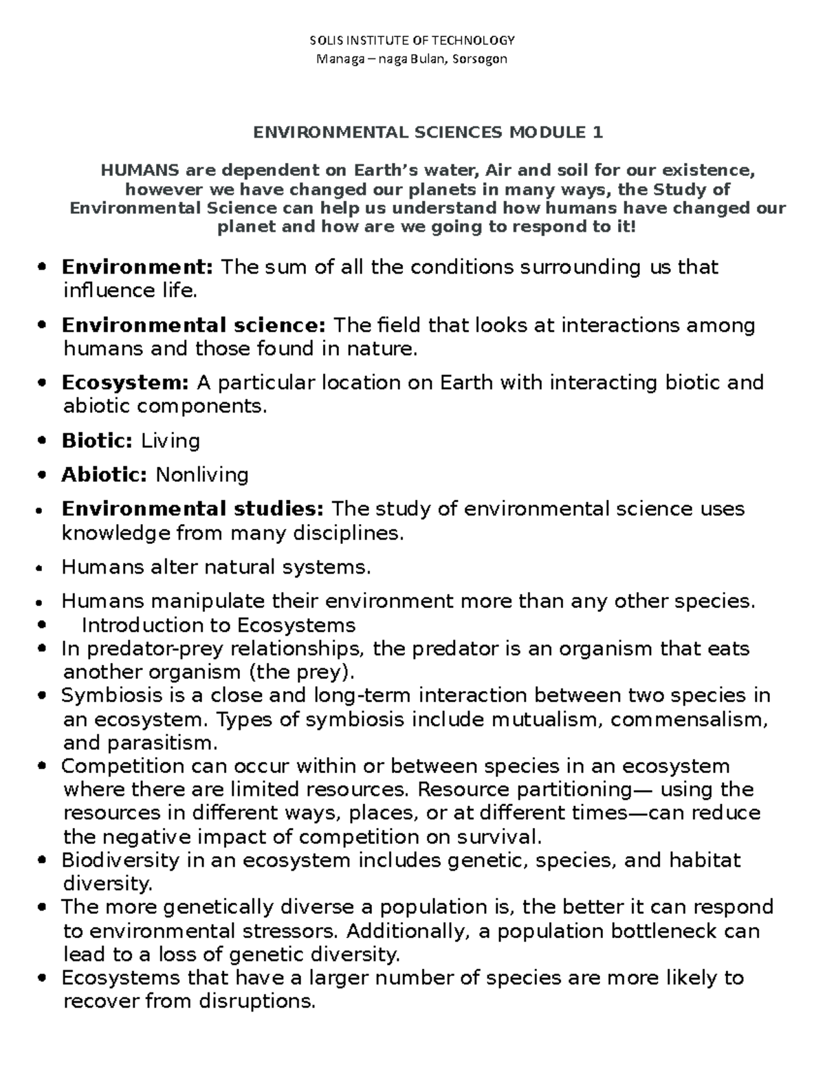 Environmental Science Module 1 - SOLIS INSTITUTE OF TECHNOLOGY Managa ...