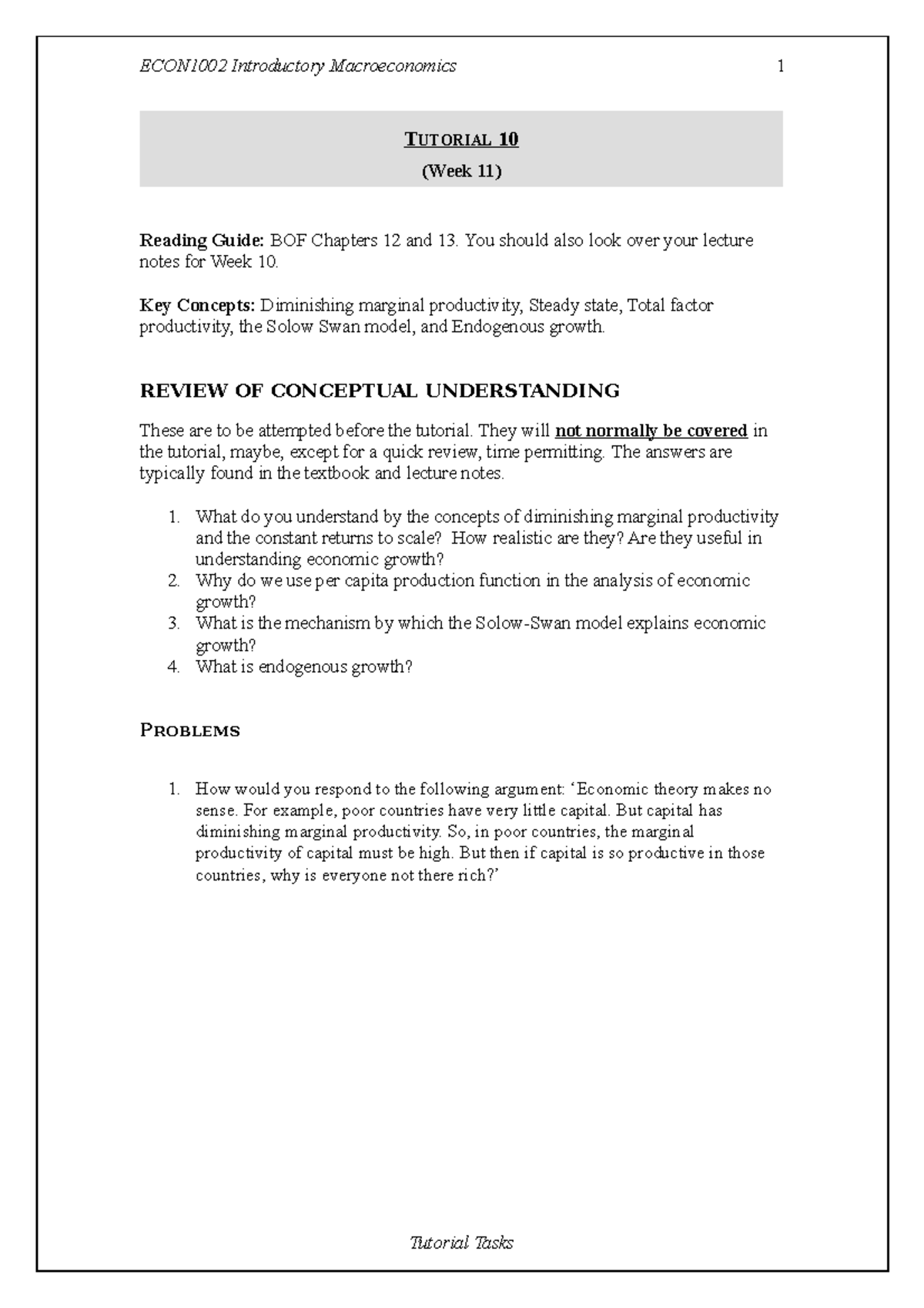 Tutorial 10 Questions - ECON1002 Introductory Macroeconomics 1 TUTORIAL ...