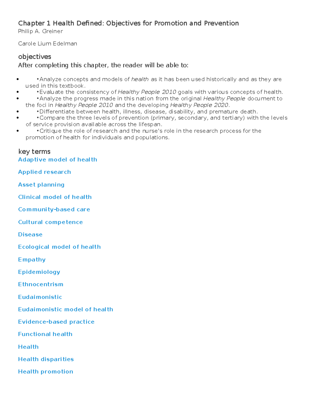 Health Defined-Objectives for Promotion and Prevention - Chapter 1 Health Defined: Objectives ...