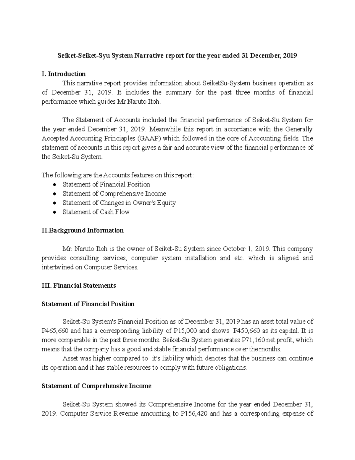 Seiket-Syu System Narrative report - Introduction This narrative report ...
