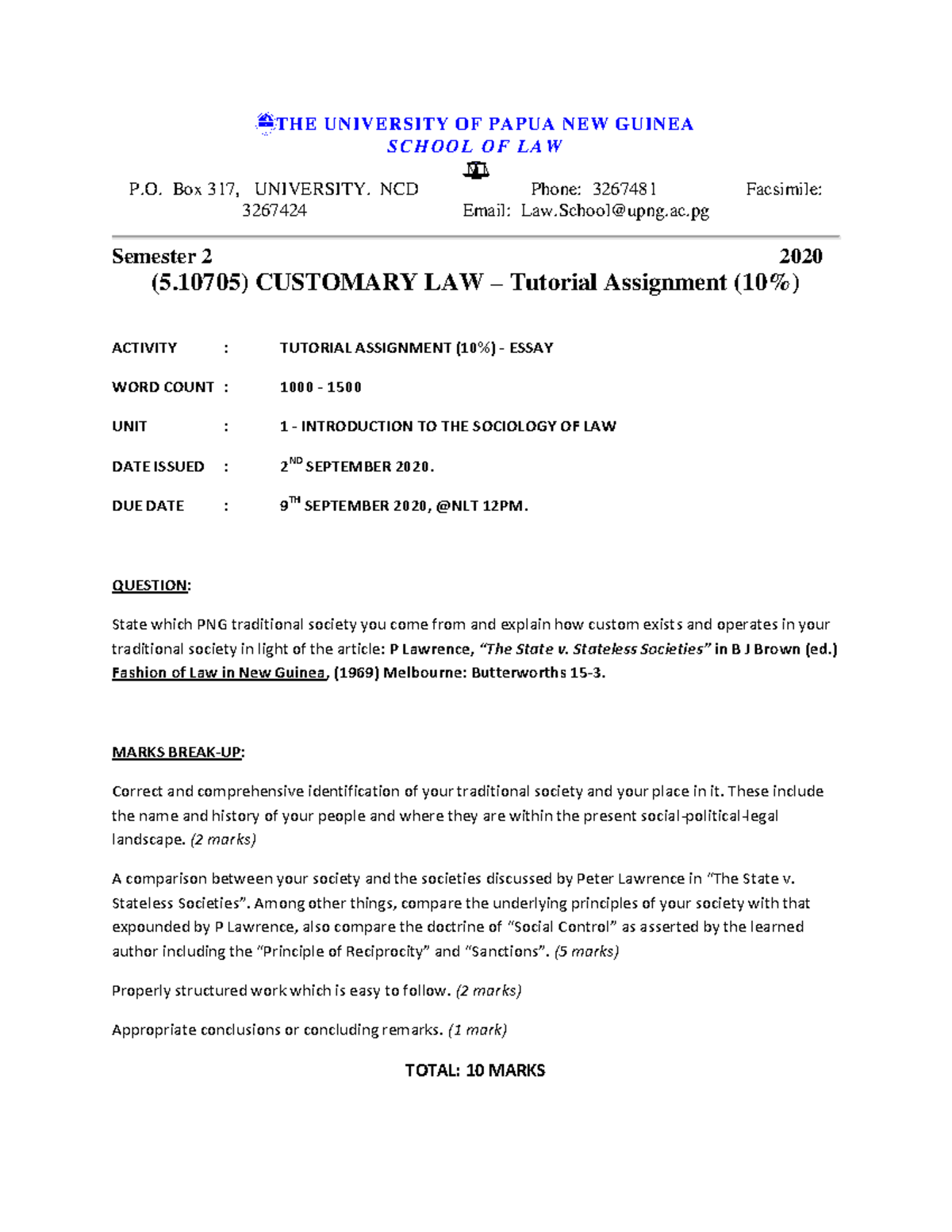 Customary Law Tutorial Assignment 10% - THE UNIVERSITY OF PAPUA NEW ...