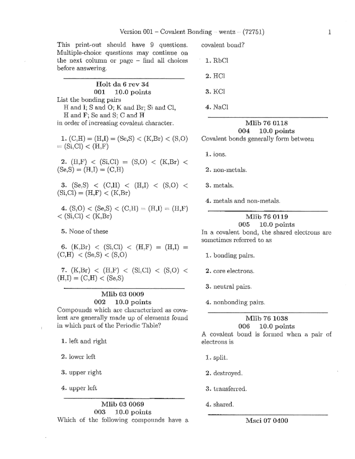 MC Determining Bond type - CHEM 1073 - Studocu