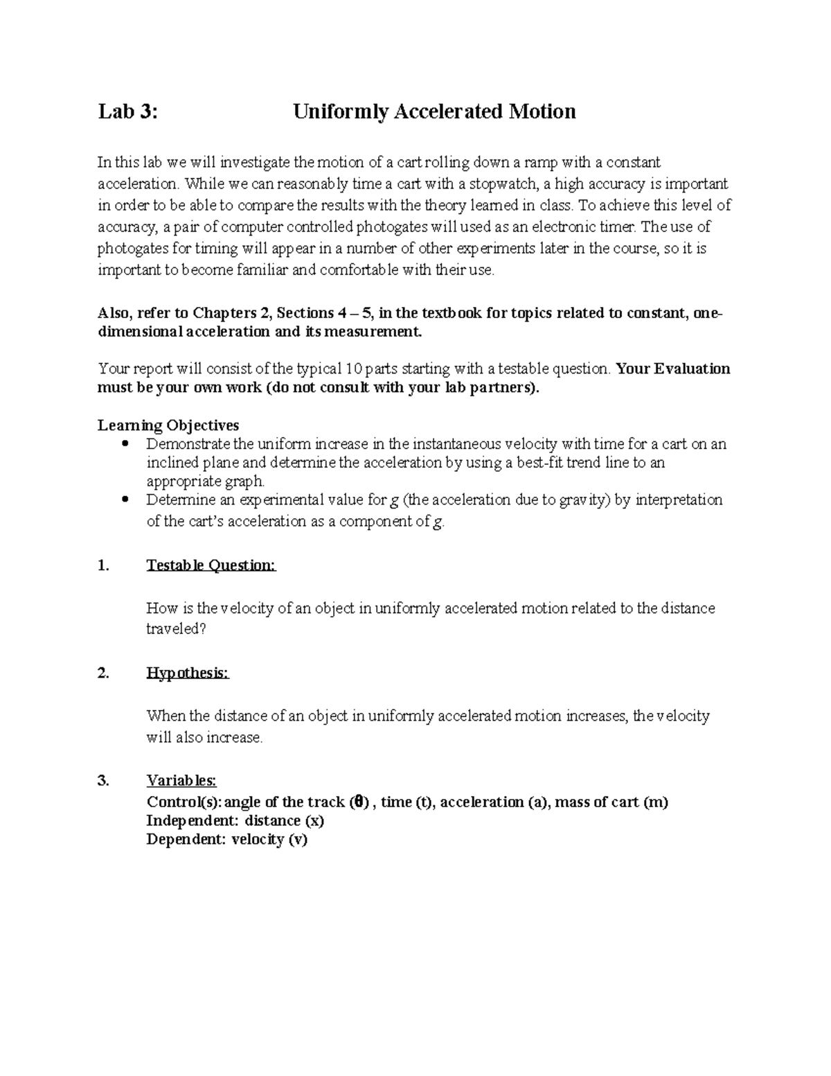 PHY111L Lab 3 Uniformly accelerated motion 3 - Lab 3: Uniformly ...