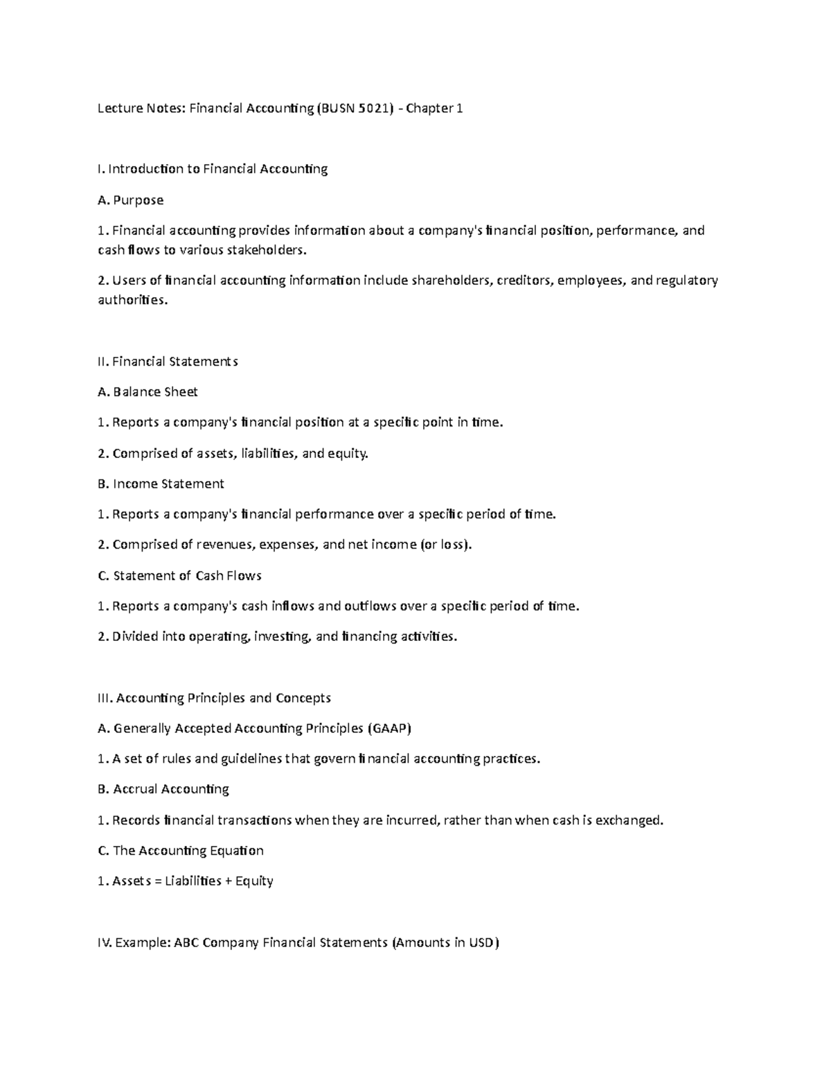 Acct Ch 1 Acct Ch 1 Lecture Notes Financial Accounting Busn 5021 Chapter 1 I