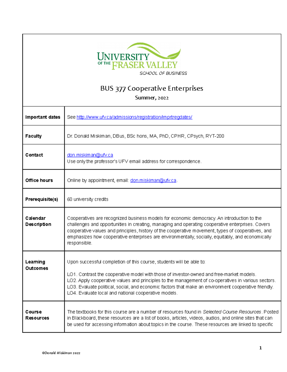 Course syllabus Summer 2022 - SCHOOL OF BUSINESS BUS 377 Cooperative ...