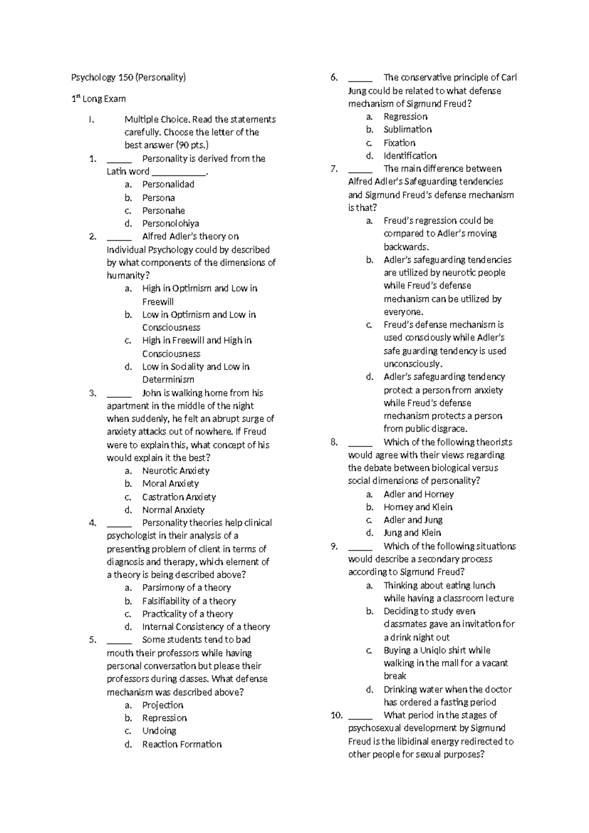 Theories of Personality First Sample Exam - Psychology 150 (Personality ...