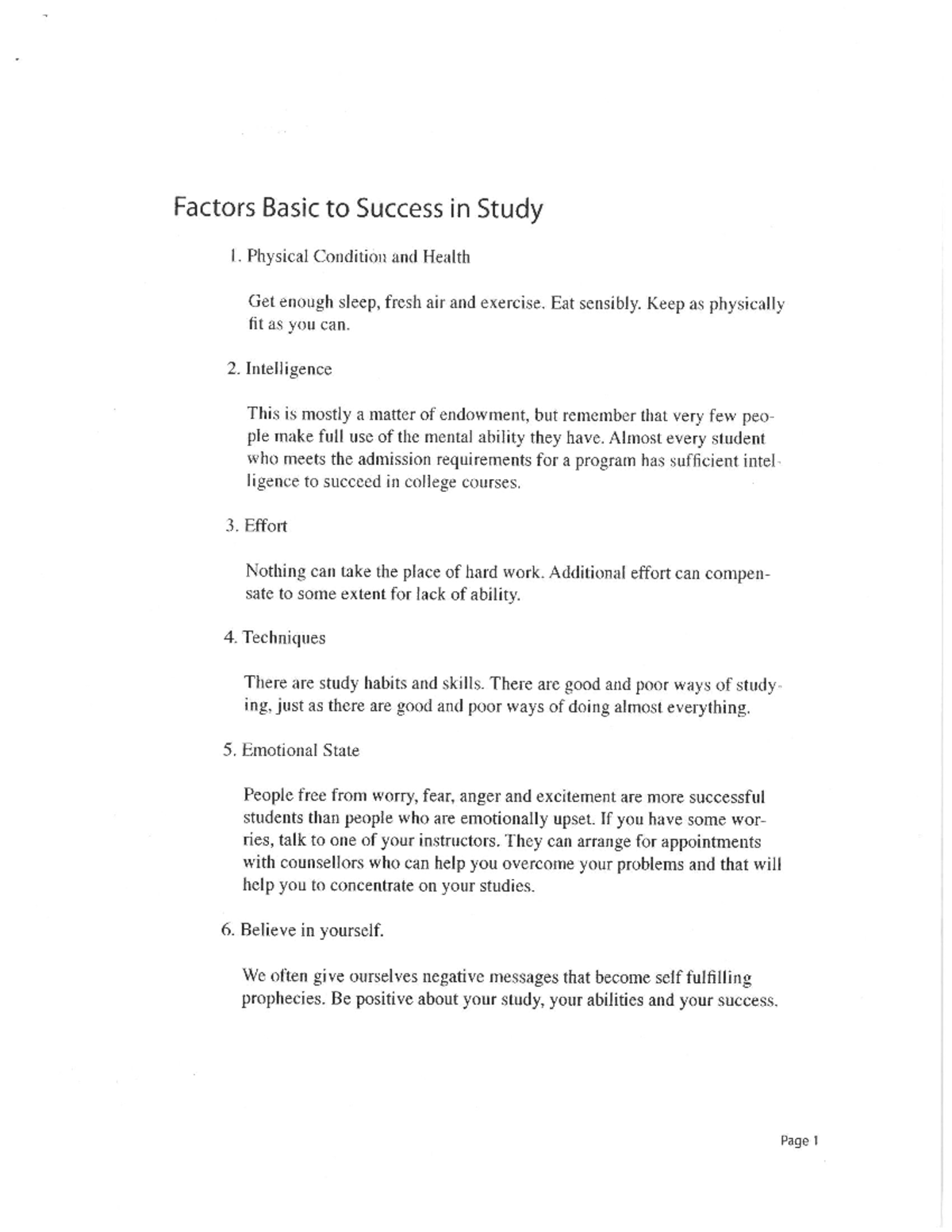 Study Skills - Factors Basic to Success in Study 1. Physical Condition ...