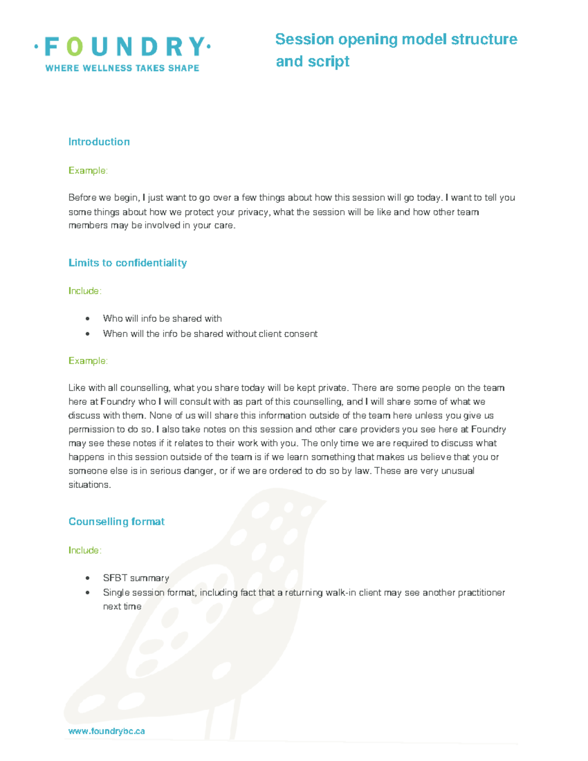 SFBT Clinical Practice Handouts - Session opening model structure and ...