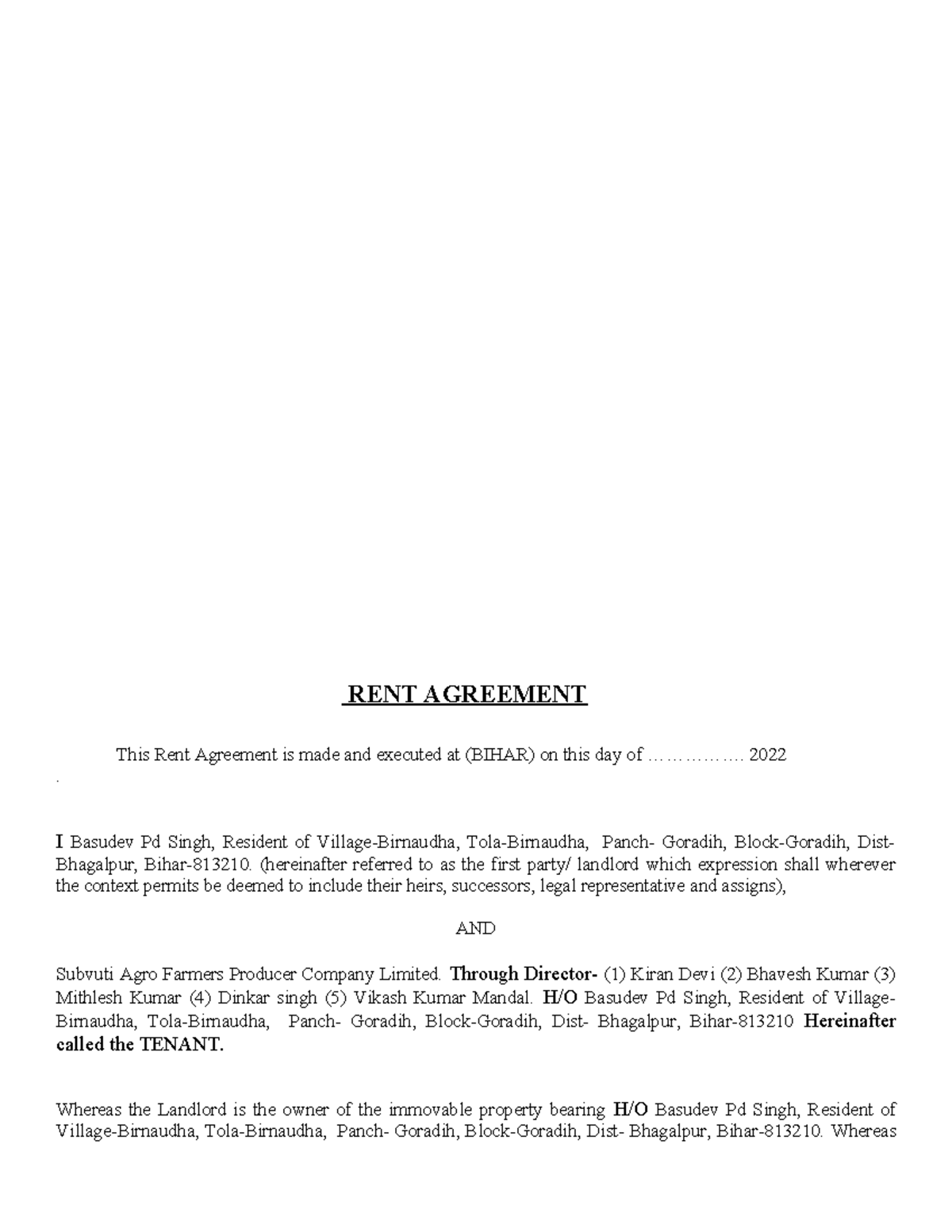 Rent agreement Subvuti AGRO - RENT AGREEMENT This Rent Agreement is ...
