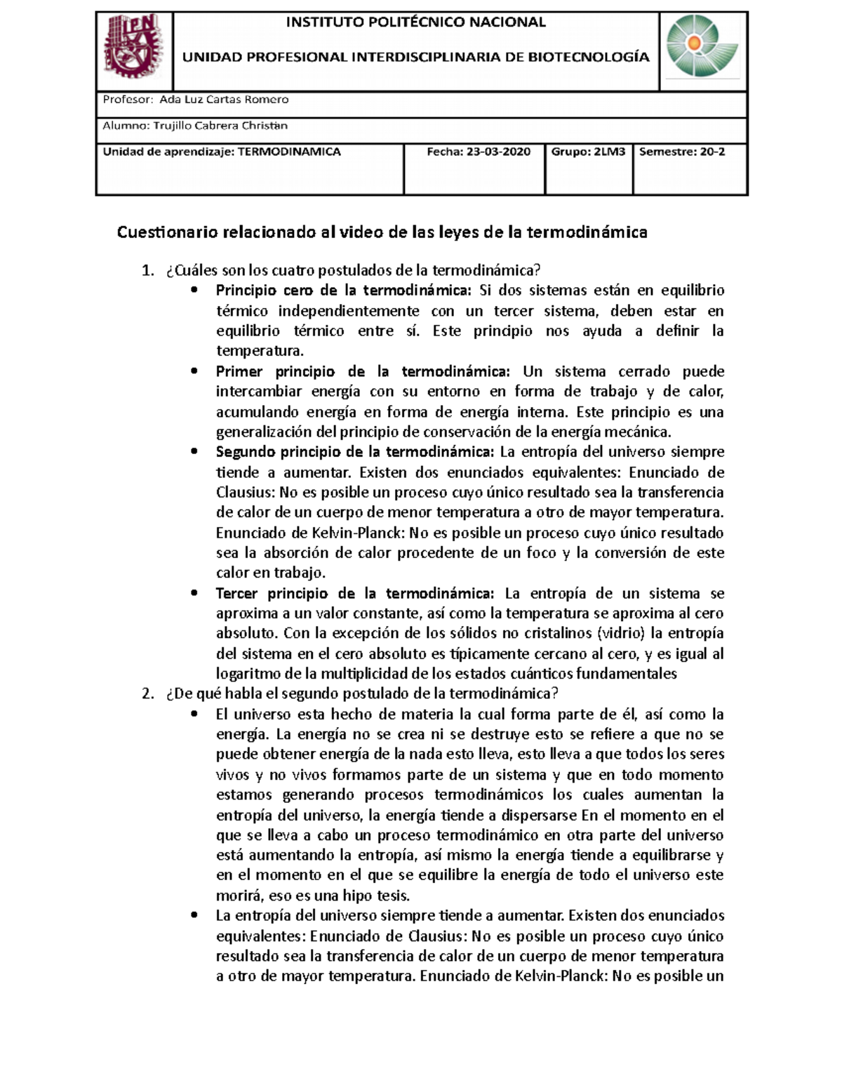 Cuestionario Las Leyes De La Termodinamica Cuestionario Relacionado