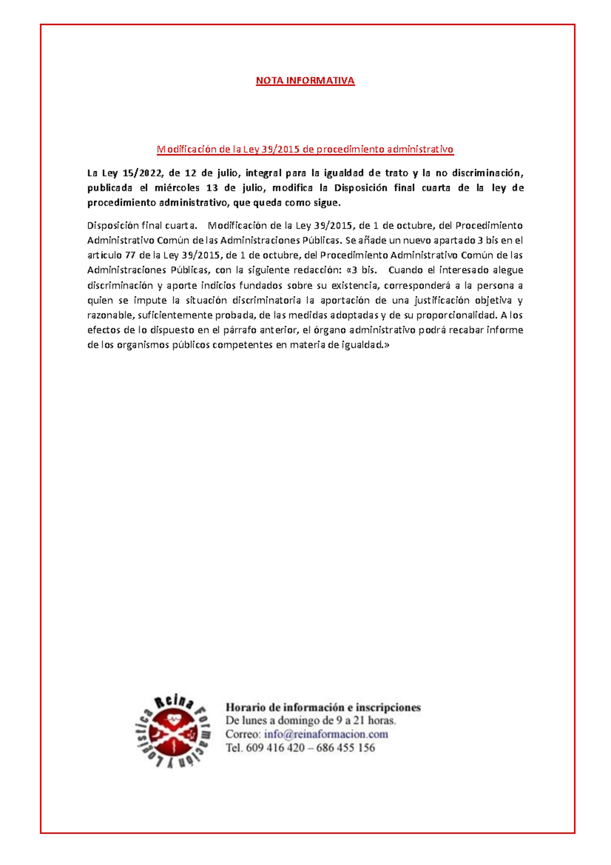 Modificación ley 39 15, dia 13jul22 - NOTA INFORMATIVA ModificaciÛn de ...