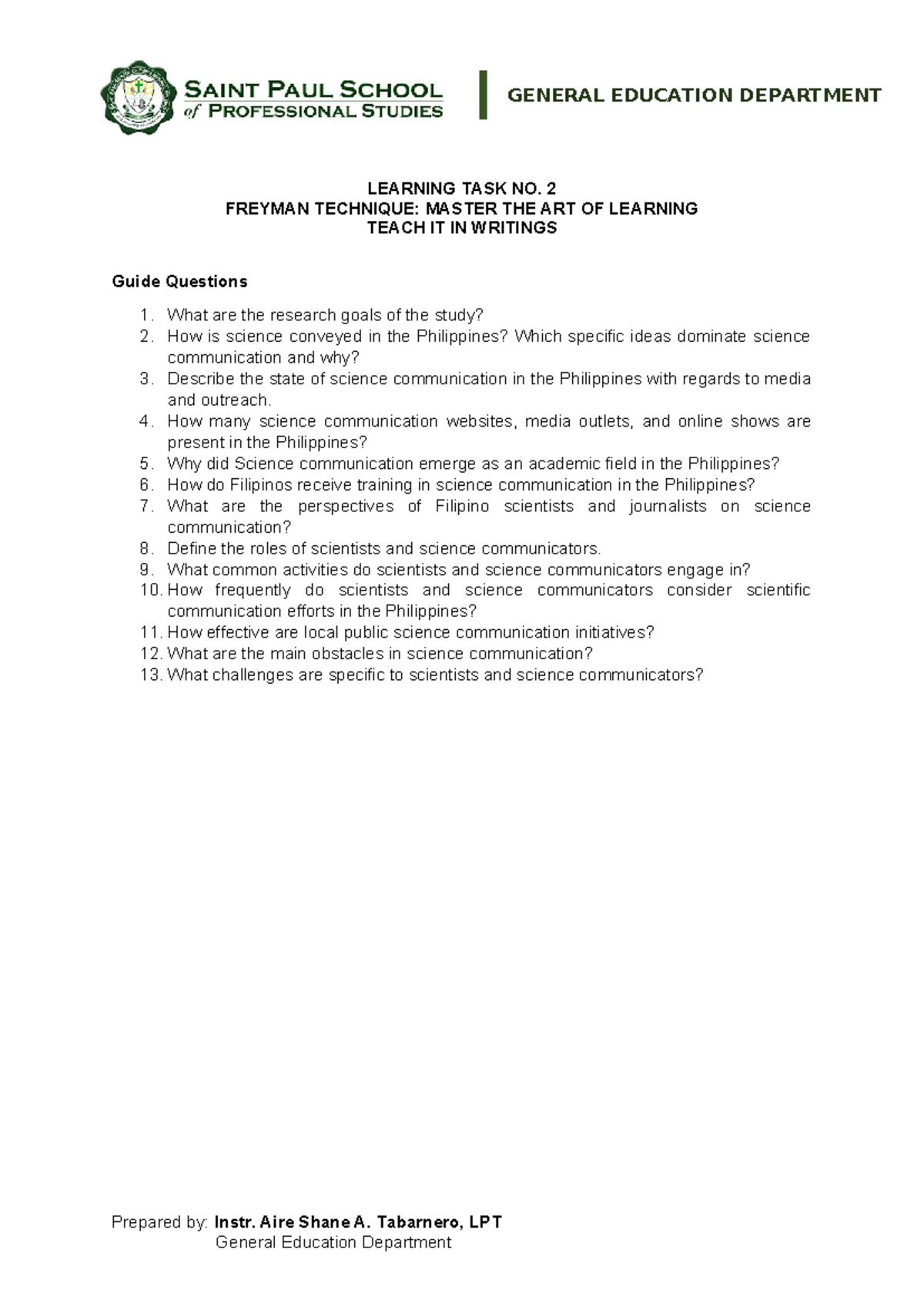 Learning TASK NO 2 - GENERAL EDUCATION DEPARTMENT LEARNING TASK NO. 2 FREYMAN TECHNIQUE: MASTER ...