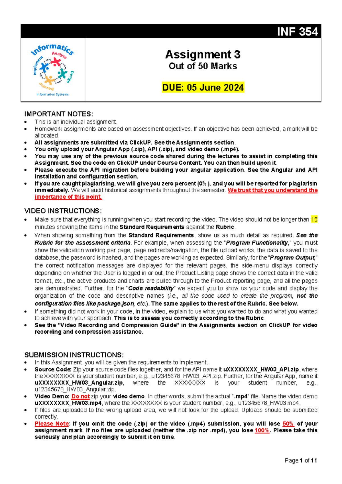 INF354 Assignment 03 - INF 354 Assignment 3 Out of 50 Marks DUE: 05 ...