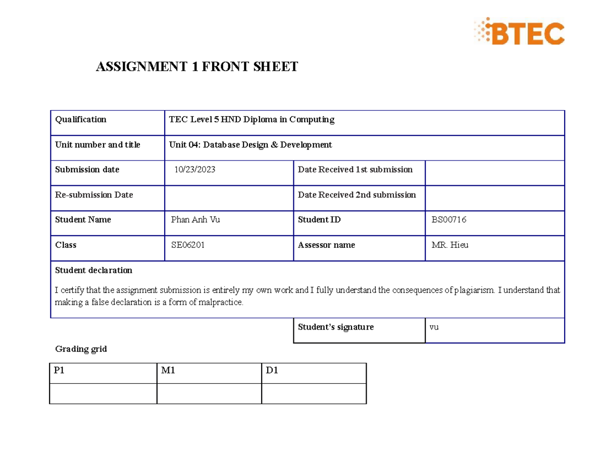 ASM1 Phan Anh Vu BS00716 - ASSIGNMENT 1 FRONT SHEET Qualification TEC Level 5 HND Diploma in ...