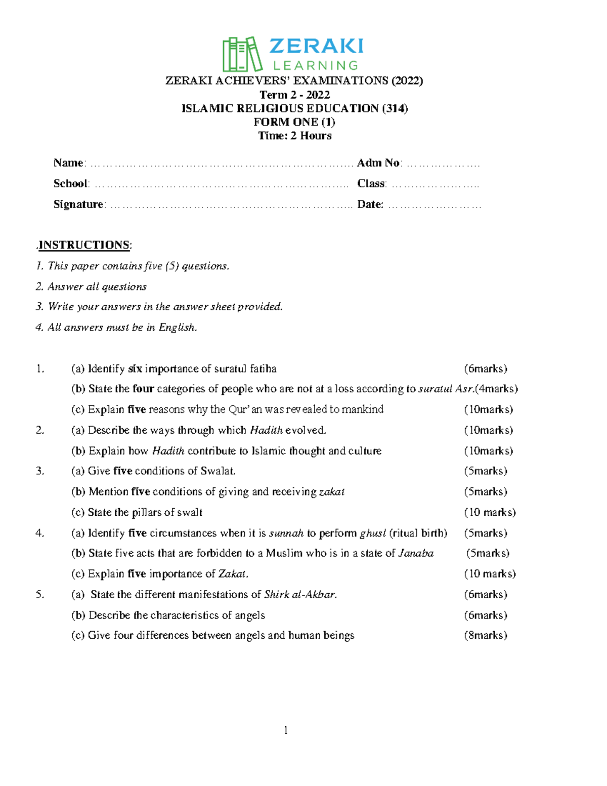 I.R.E. - I.R.E Form 1 - Question Paper - 1 ZERAKI ACHIEVERS’ EXAMINATIONS (2022) Term 2 - 2022 ...