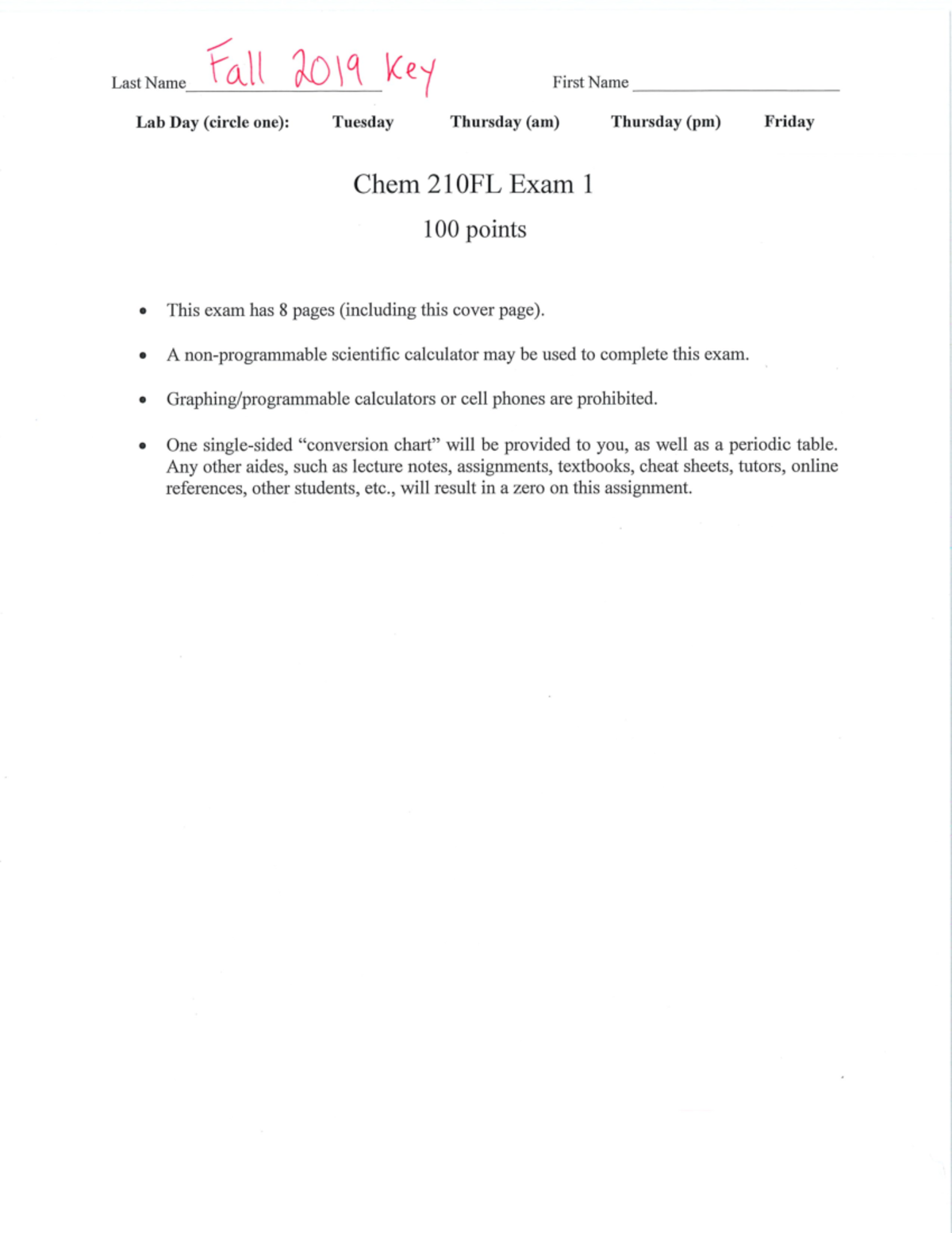 Fall 2019 Exam 1 Form A Key - CHEM 210FL - Studocu