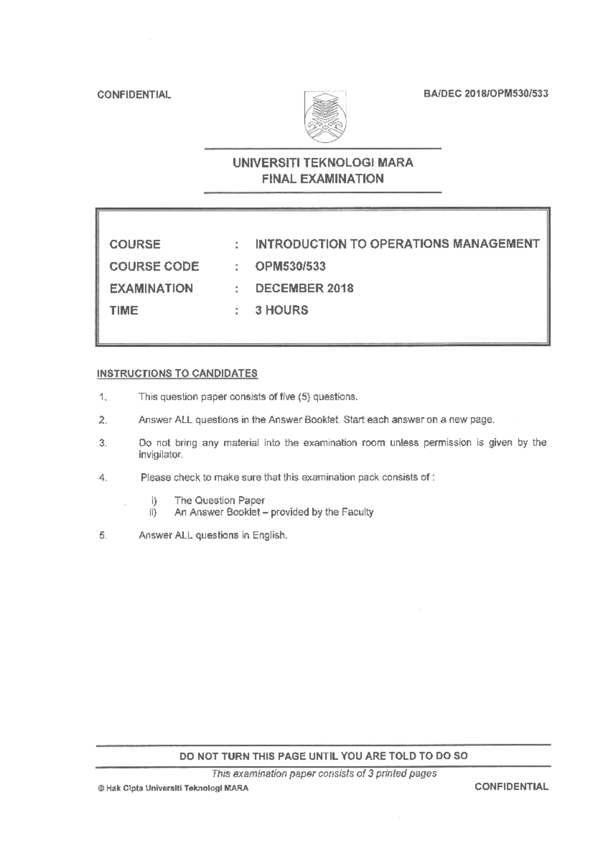 OPM530 533 - Past year question - Introduction to Operations Management - Studocu