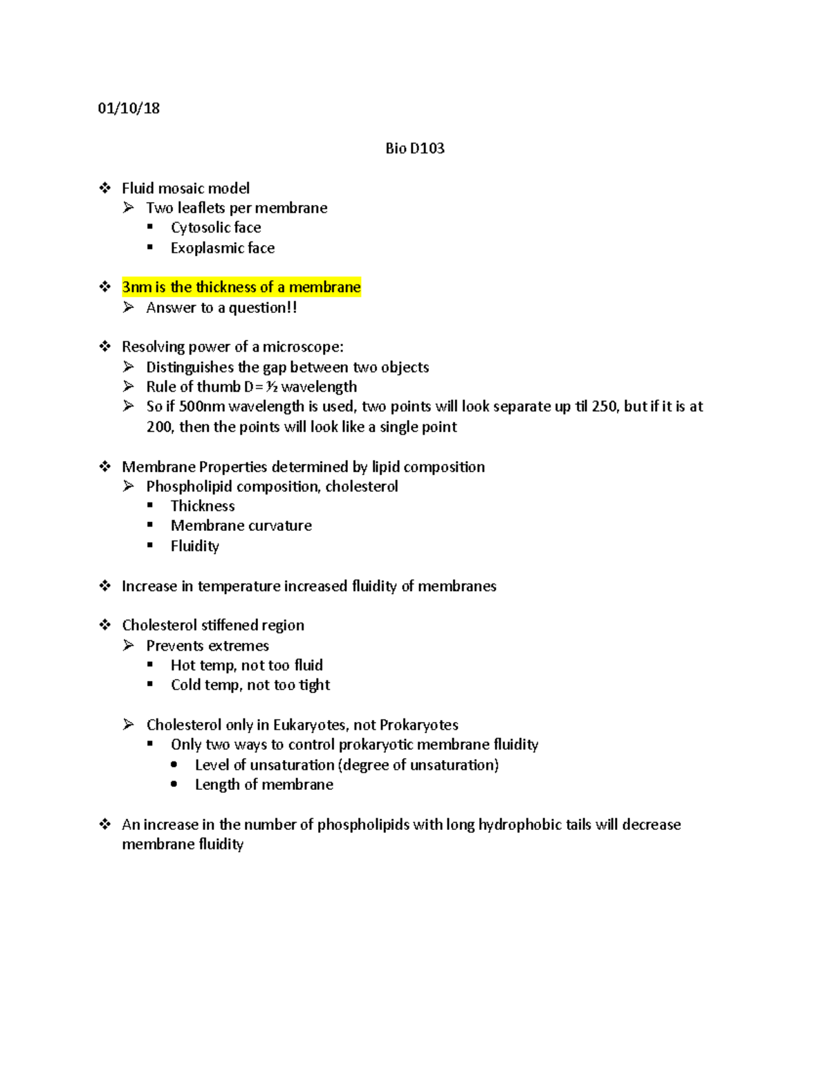 Bio D103 - Lecture notes 4 - 01/10/18 Bio D103 Fluid mosaic model Two ...