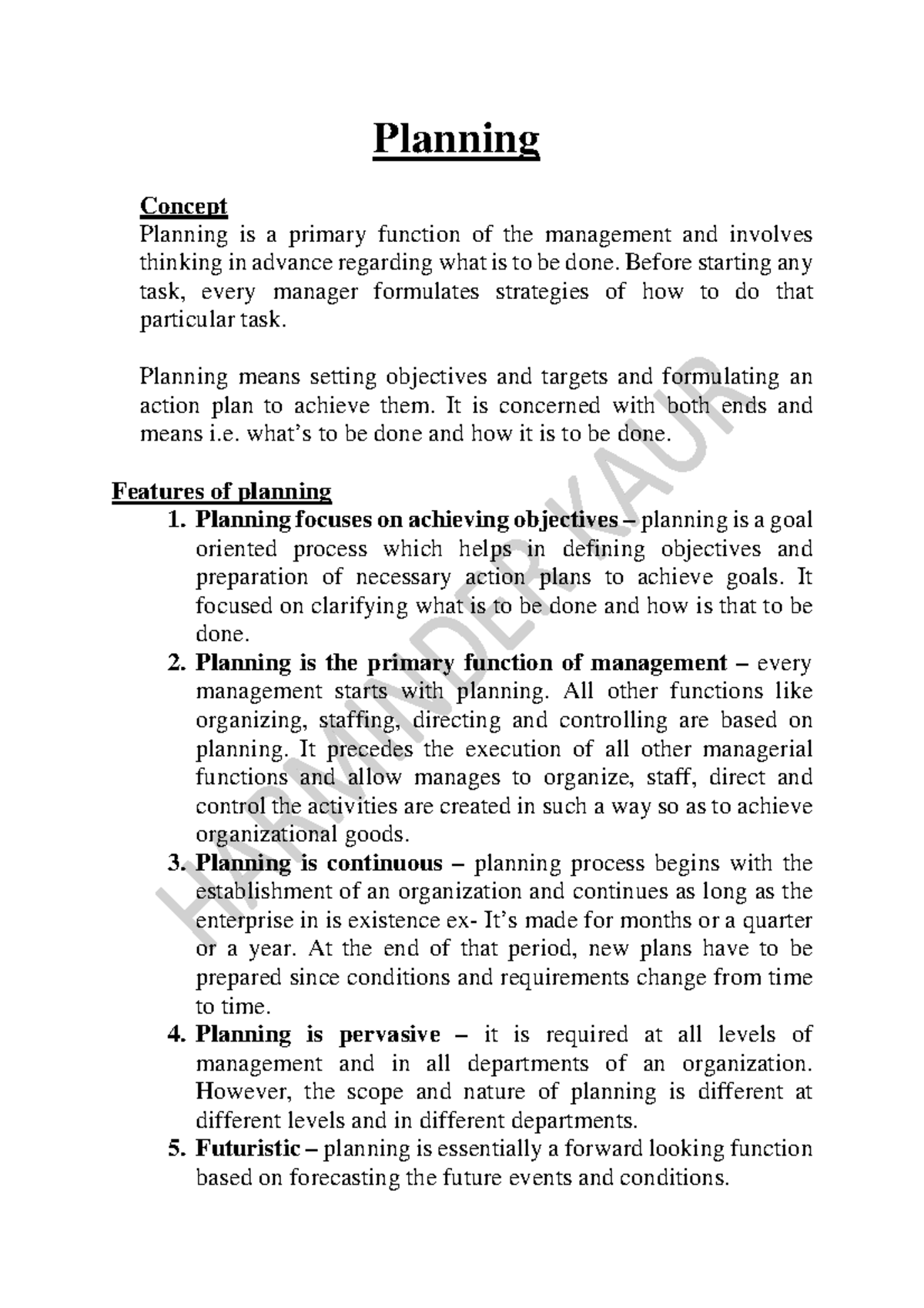 Planning pdf - lecture notes - Planning Concept Planning is a primary ...