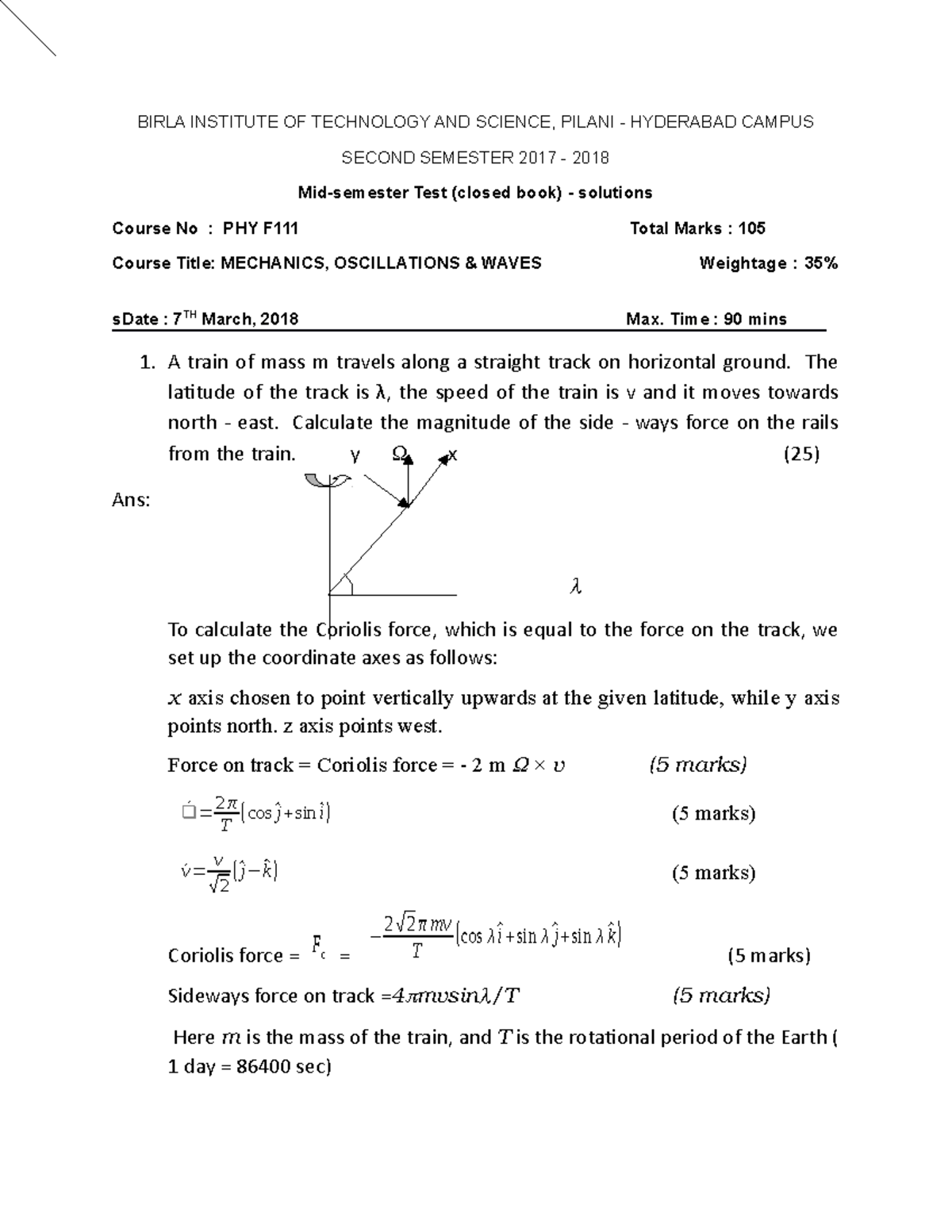 Mid-sem 2018 sol - Mid-semester exam Question Paper with Solutions ...