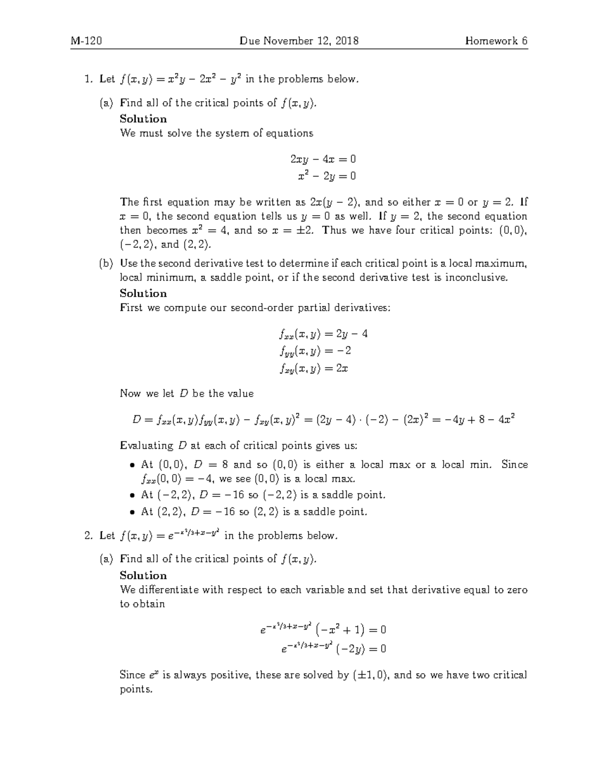 Homework 06-key - M-120 Due November 12, 2018 Homework 6 1. Let f (x, y ...