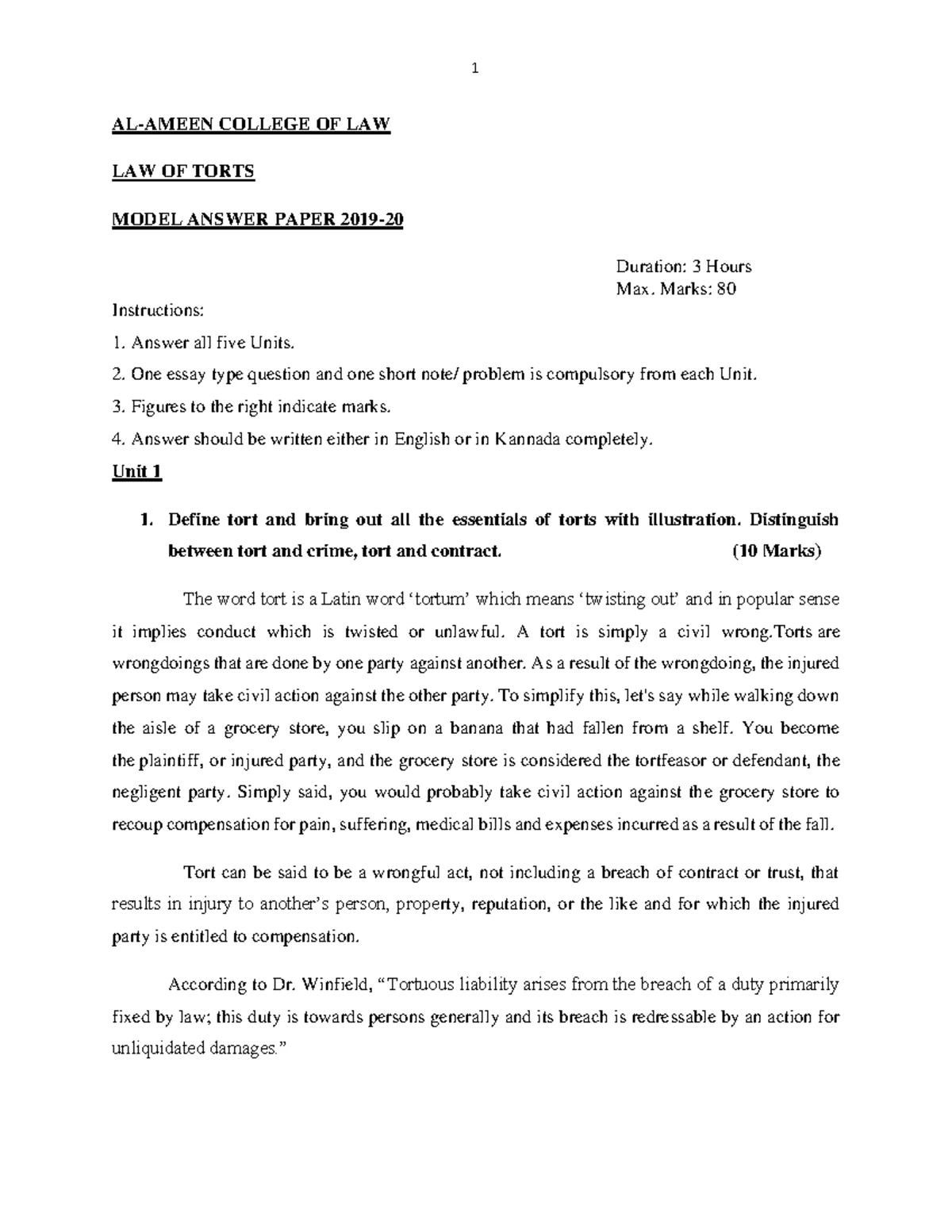 Tort - Tort - Law of Tort Unit - III (10 Mark) Unit - IV (10 Mark ...