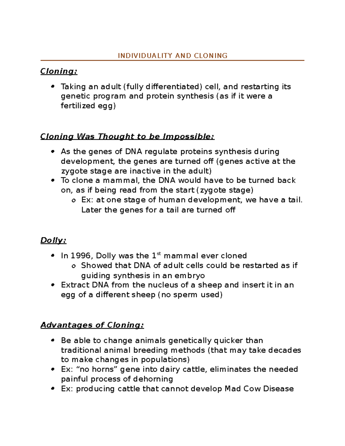 Individuality and cloning F2021 - INDIVIDUALITY AND CLONING Cloning ...