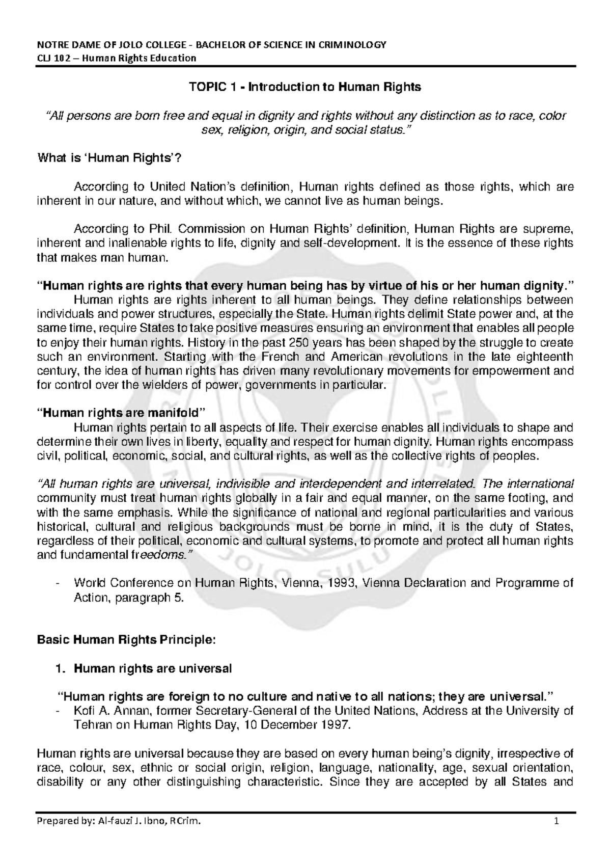 Topic 1 - Intro to Human Rights - NOTRE DAME OF JOLO COLLEGE - BACHELOR ...