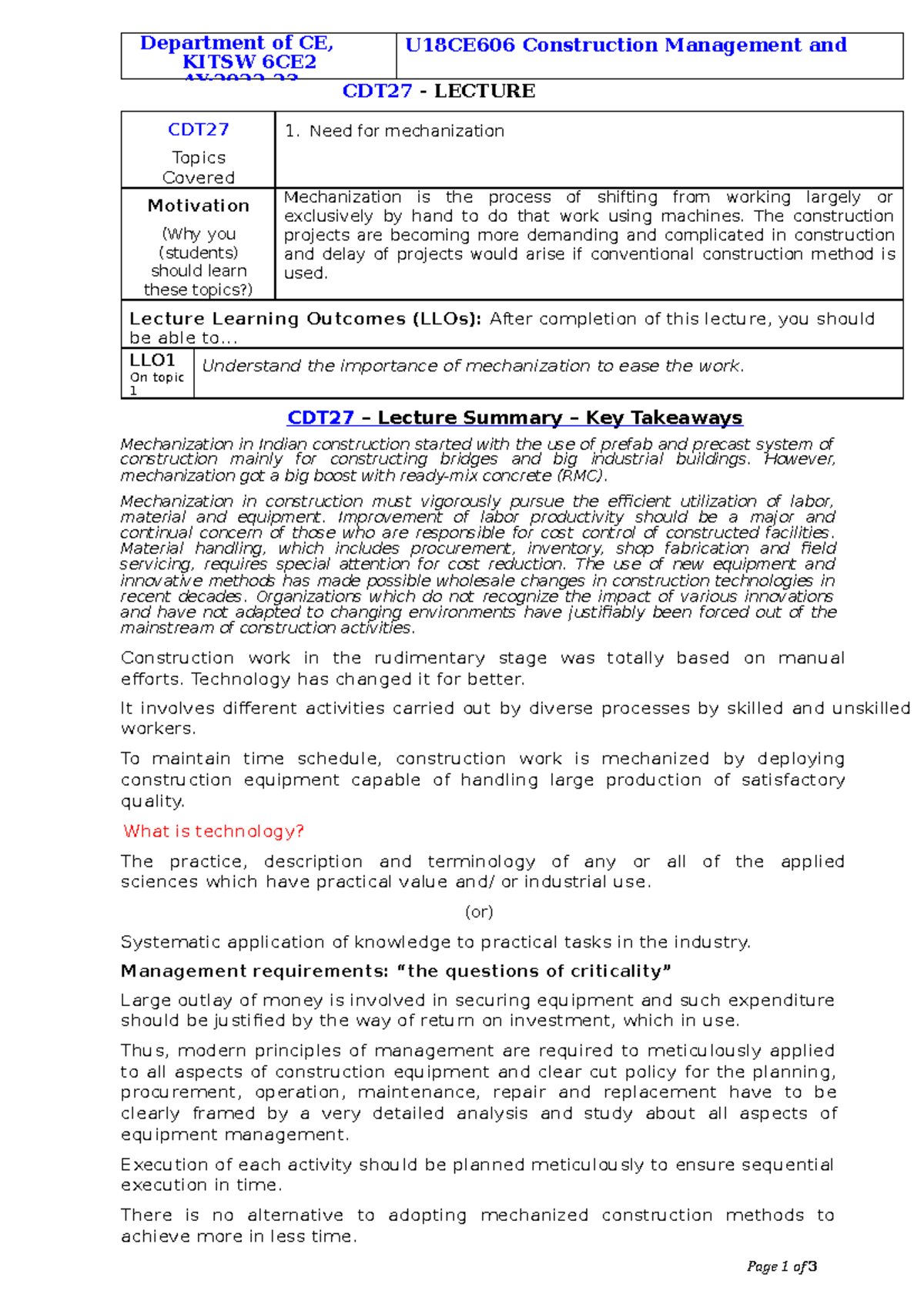 CME9 - Notes - Department of CE, KITSW 6CE AY:2022- U18CE606 ...