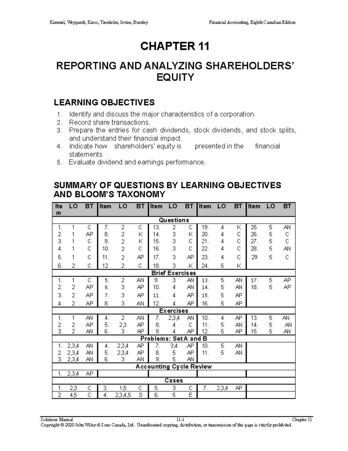 Chapter eleven Ans - CHAPTER 11 REPORTING AND ANALYZING SHAREHOLDERS’ EQUITY LEARNING OBJECTIVES ...