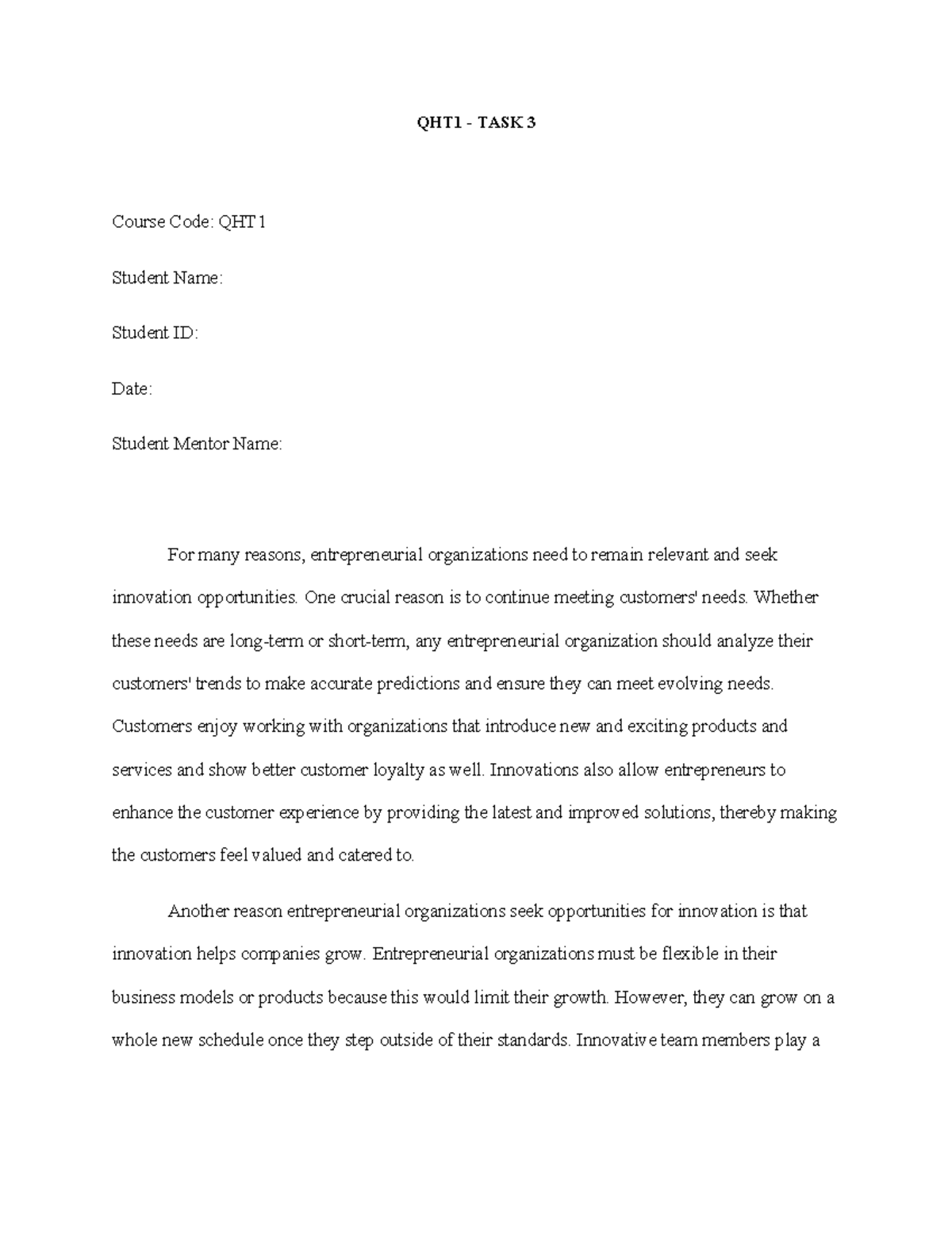 QHT1 Task 3 Studocu - Passed - QHT1 - TASK 3 Course Code: QHT Student ...