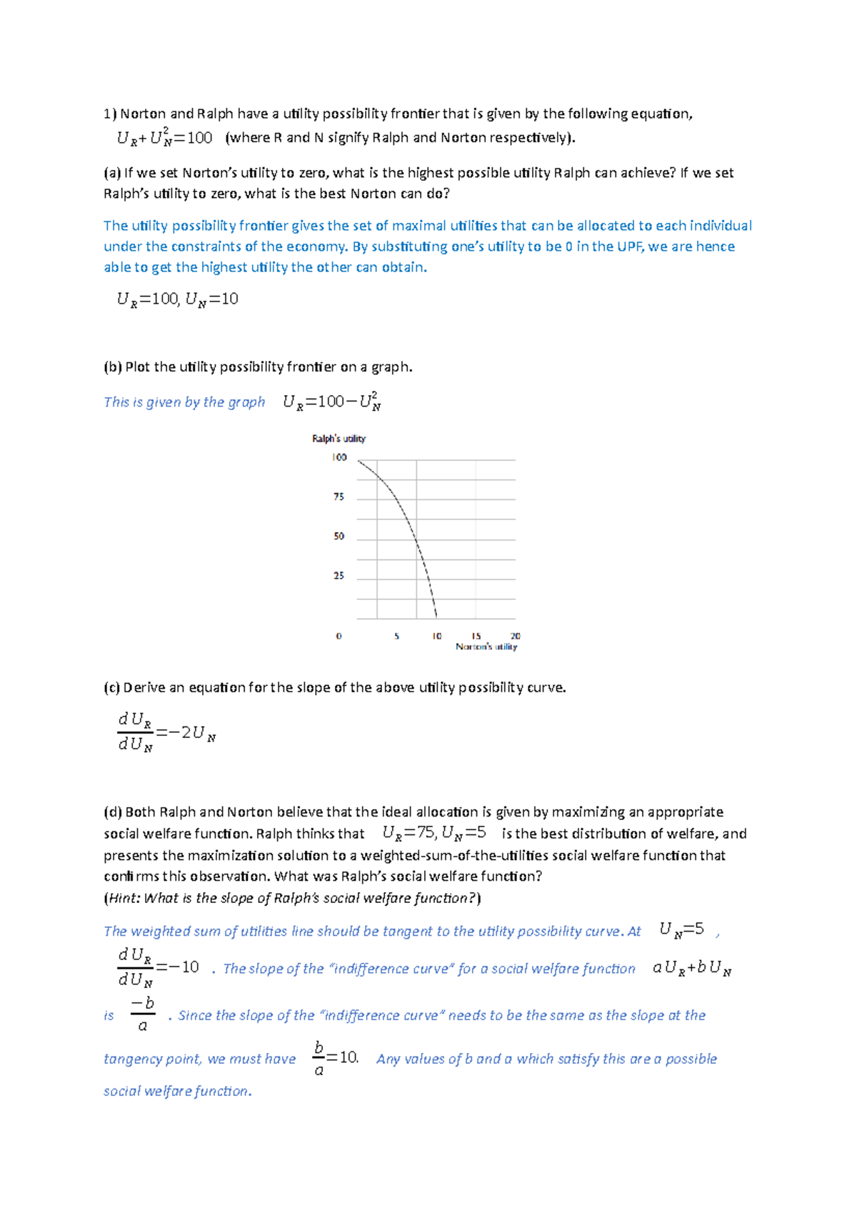 Tutorial 5 Sols - Norton and Ralph have a utility possibility frontier ...
